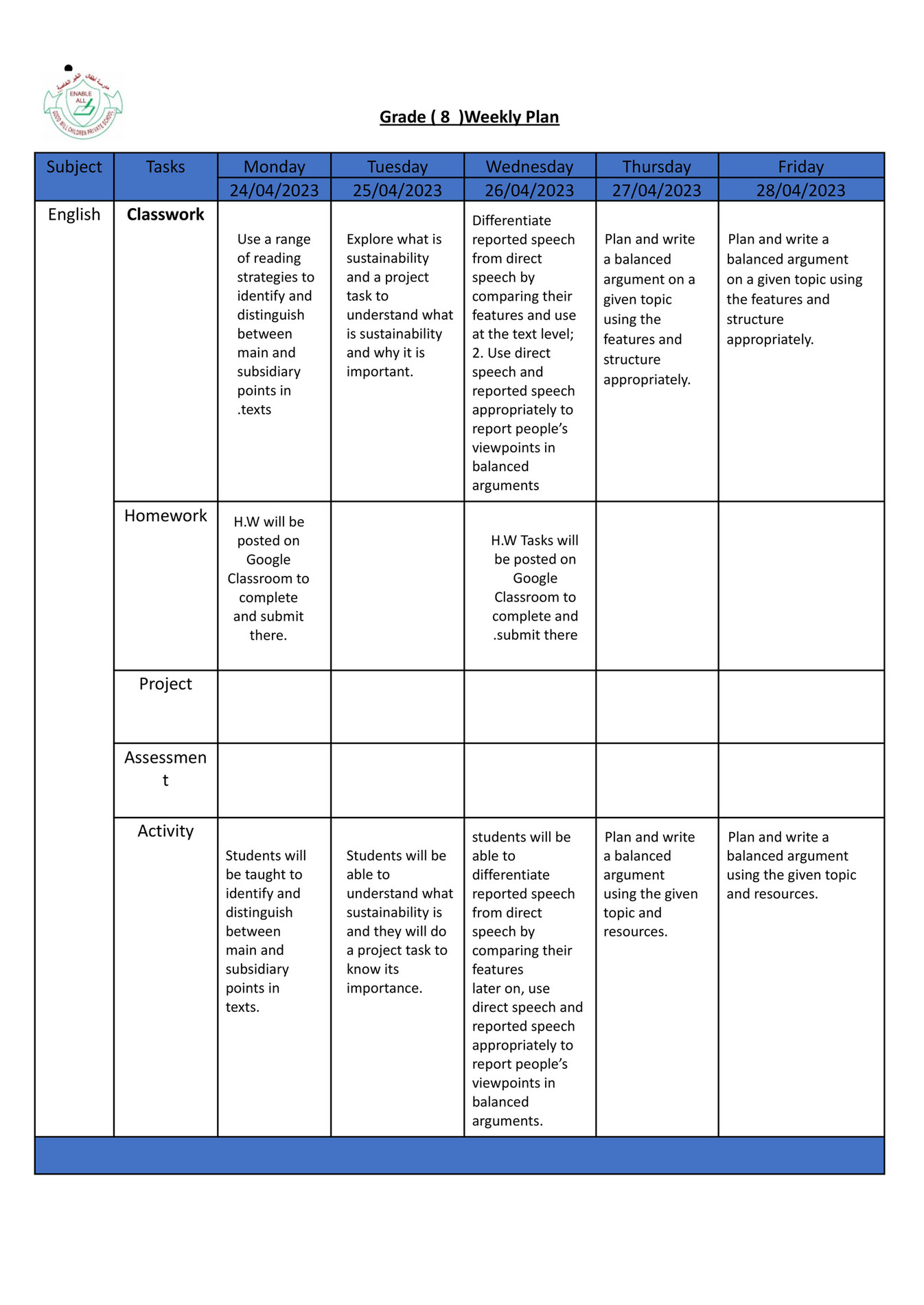 Good Will Children School - GR-8 -Weekly Plan-Term-3-Week-3 - Page 4-5 ...