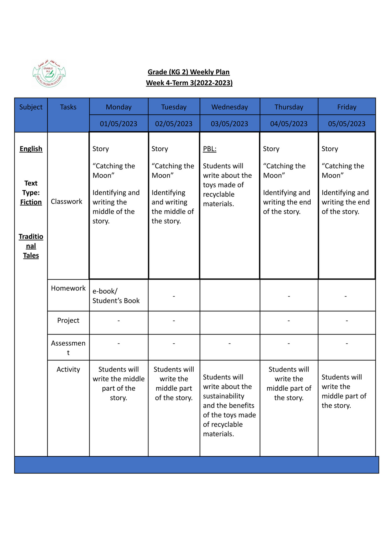 Good Will Children School - KG-2 -Weekly Plan-Term-3-Week-4 - Page 1 ...