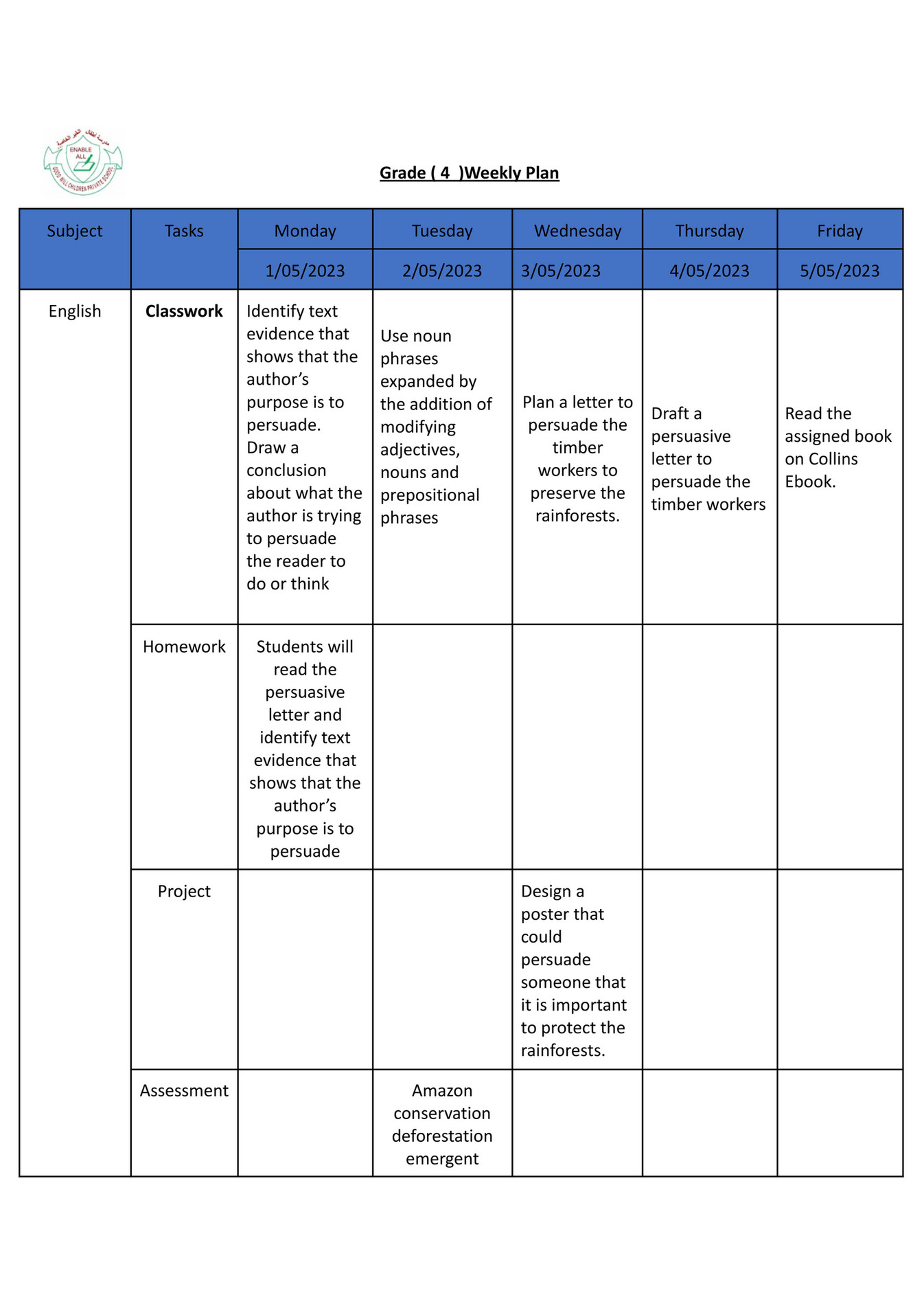 Good Will Children School - GR-4 -Weekly Plan-Term-3-Week-4 - Page 1 - Created with Publitas.com