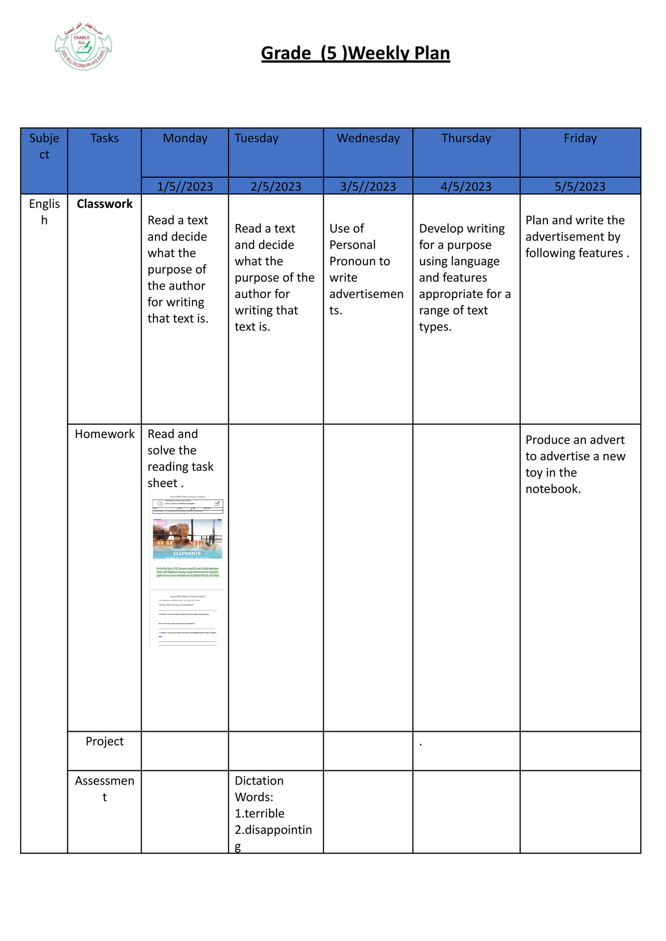 Good Will Children School - GR-5 -Weekly Plan-Term-3-Week-4 - Page 1 ...