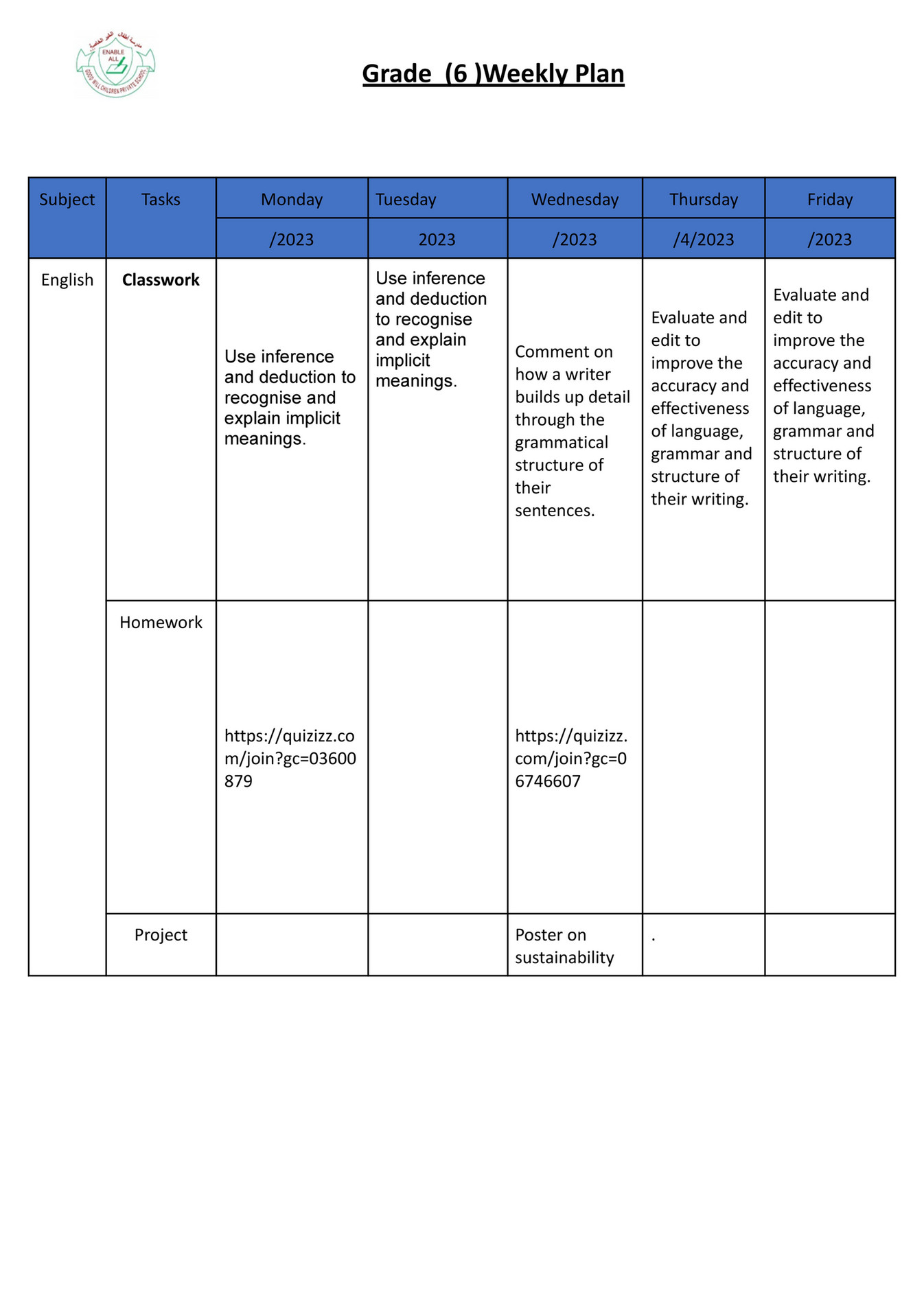 Good Will Children School - GR-6 -Weekly Plan-Term-3-Week-4 - Page 1 ...