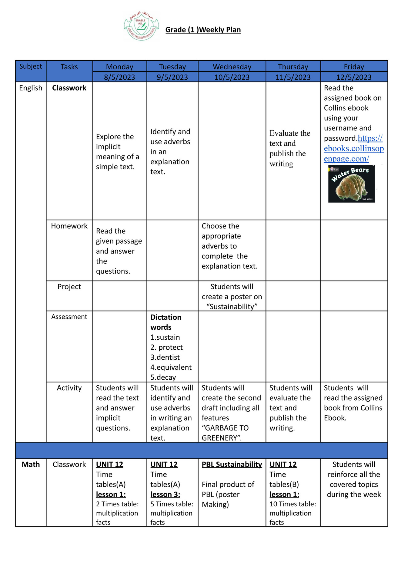 Good Will Children School - GR-1 -Weekly Plan-Term-3-Week-5 - Page 1 ...