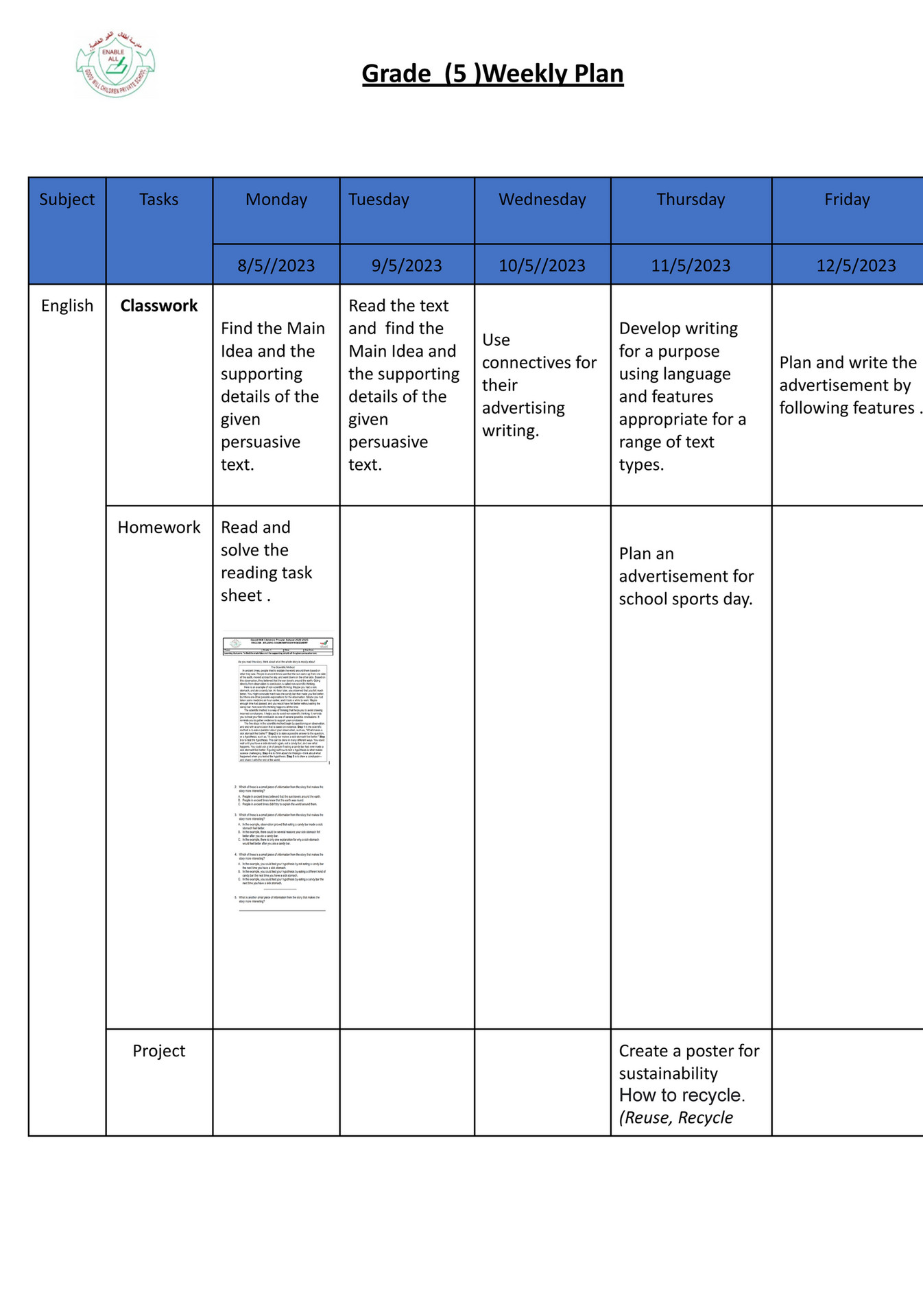 Good Will Children School - GR-5 -Weekly Plan-Term-3-Week-5 - Page 1 ...