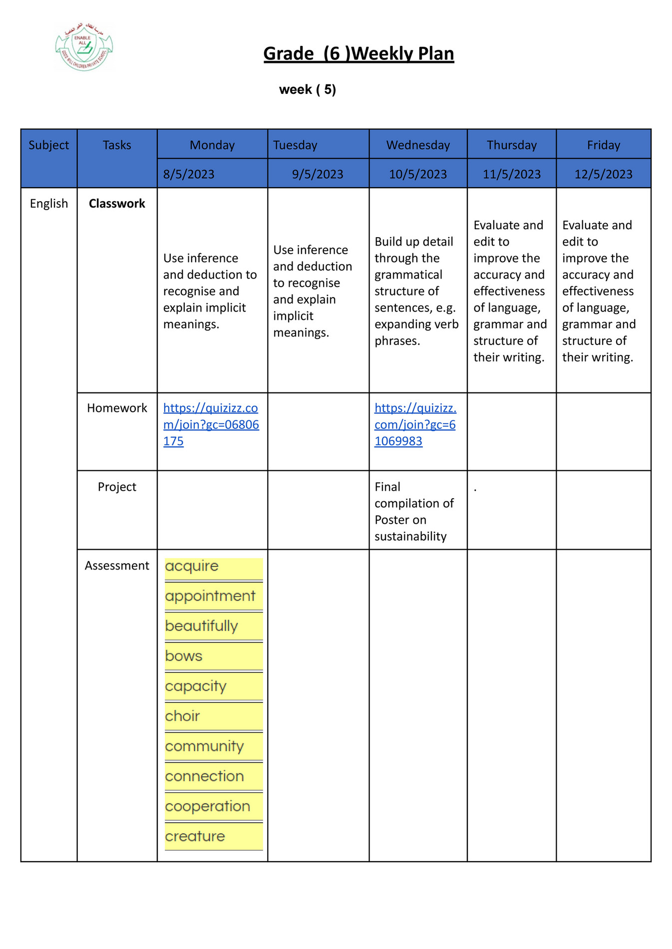 Good Will Children School - GR-6 -Weekly Plan-Term-3-Week-5 - Page 1 ...