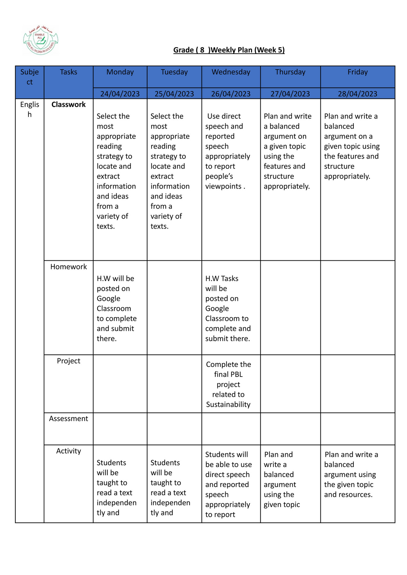 Good Will Children School - GR-8 -Weekly Plan-Term-3-Week-5 - Page 1 ...