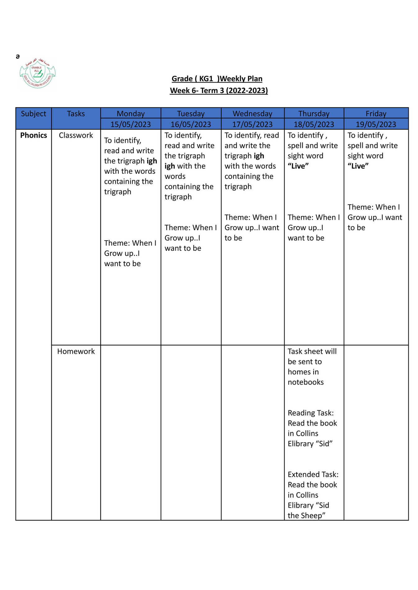 Good Will Children School - KG-1 -Weekly Plan-Term-3-Week-6 - Page 1 ...