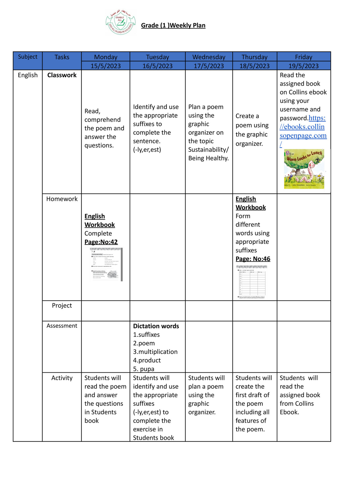 Good Will Children School - GR-1 -Weekly Plan-Term-3-Week-6 - Page 1 - Created with Publitas.com