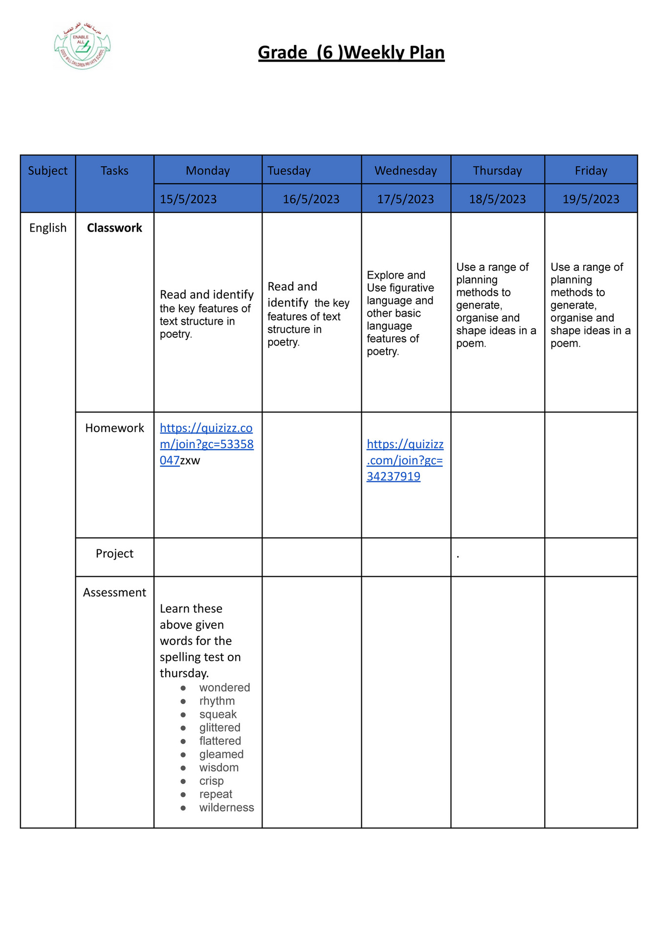 Good Will Children School - GR-6 -Weekly Plan-Term-3-Week-6 - Page 1 ...