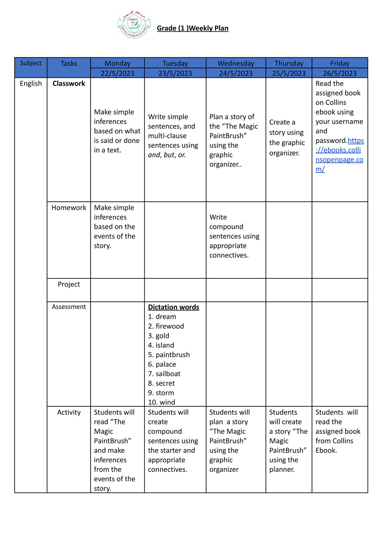 Good Will Children School - GR-1 -Weekly Plan-Term-3-Week-7 - Page 1 ...