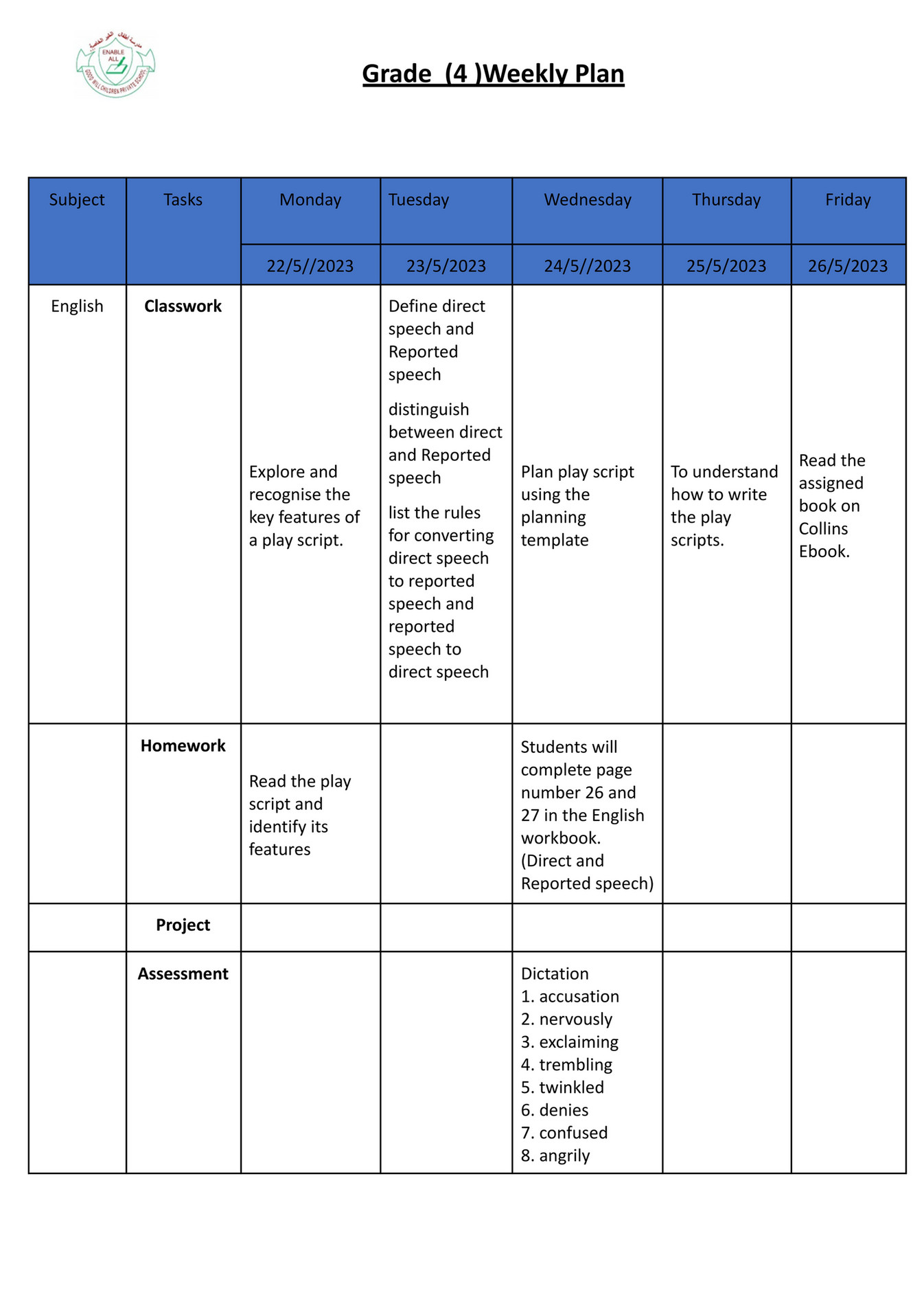 Good Will Children School - GR-4 -Weekly Plan-Term-3-Week-7 - Page 1 ...