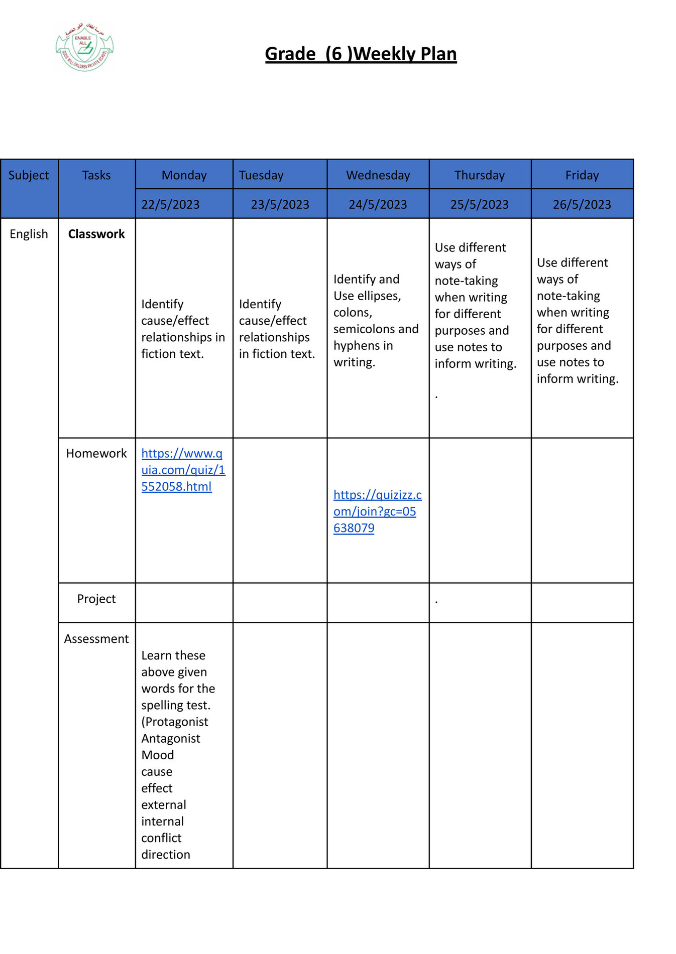 Good Will Children School - GR-6 -Weekly Plan-Term-3-Week-7 - Page 1 ...