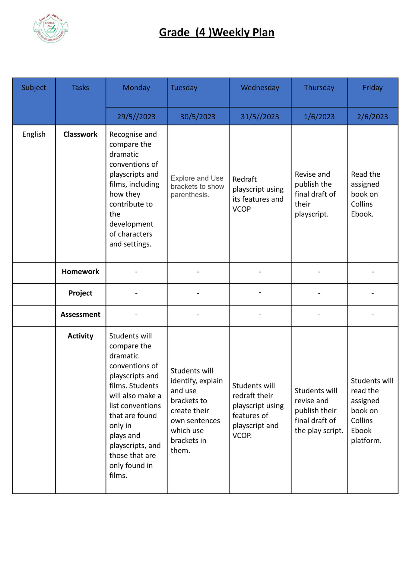 Good Will Children School - GR-4 -Weekly Plan-Term-3-Week-8 - Page 4-5 ... Good Will Children School - GR-4 -Weekly Plan-Term-3-Week-8 - Page 4-5 ...