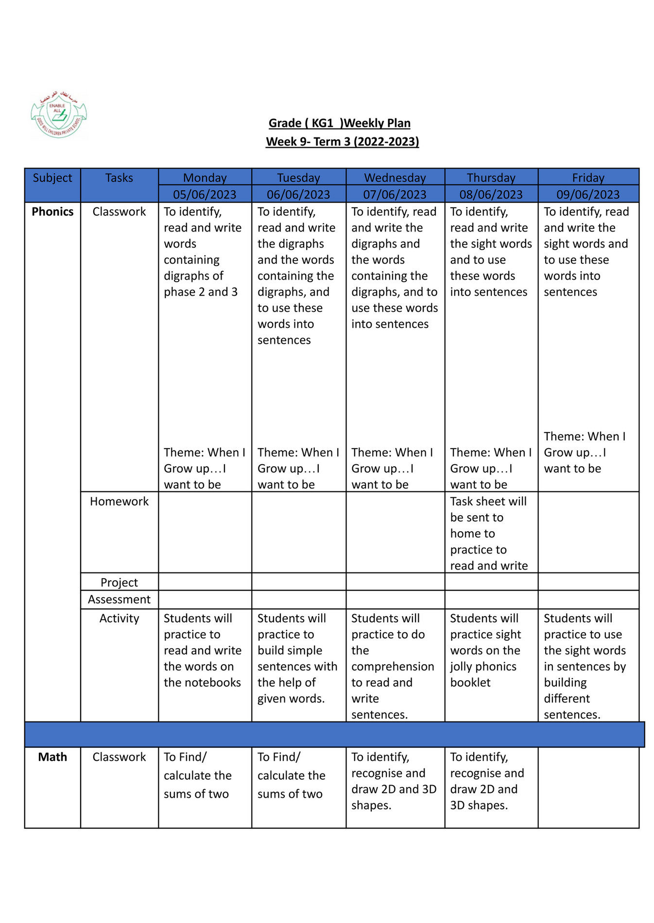 Good Will Children School - KG-1 -Weekly Plan-Term-3-Week-9 - Page 1 ...