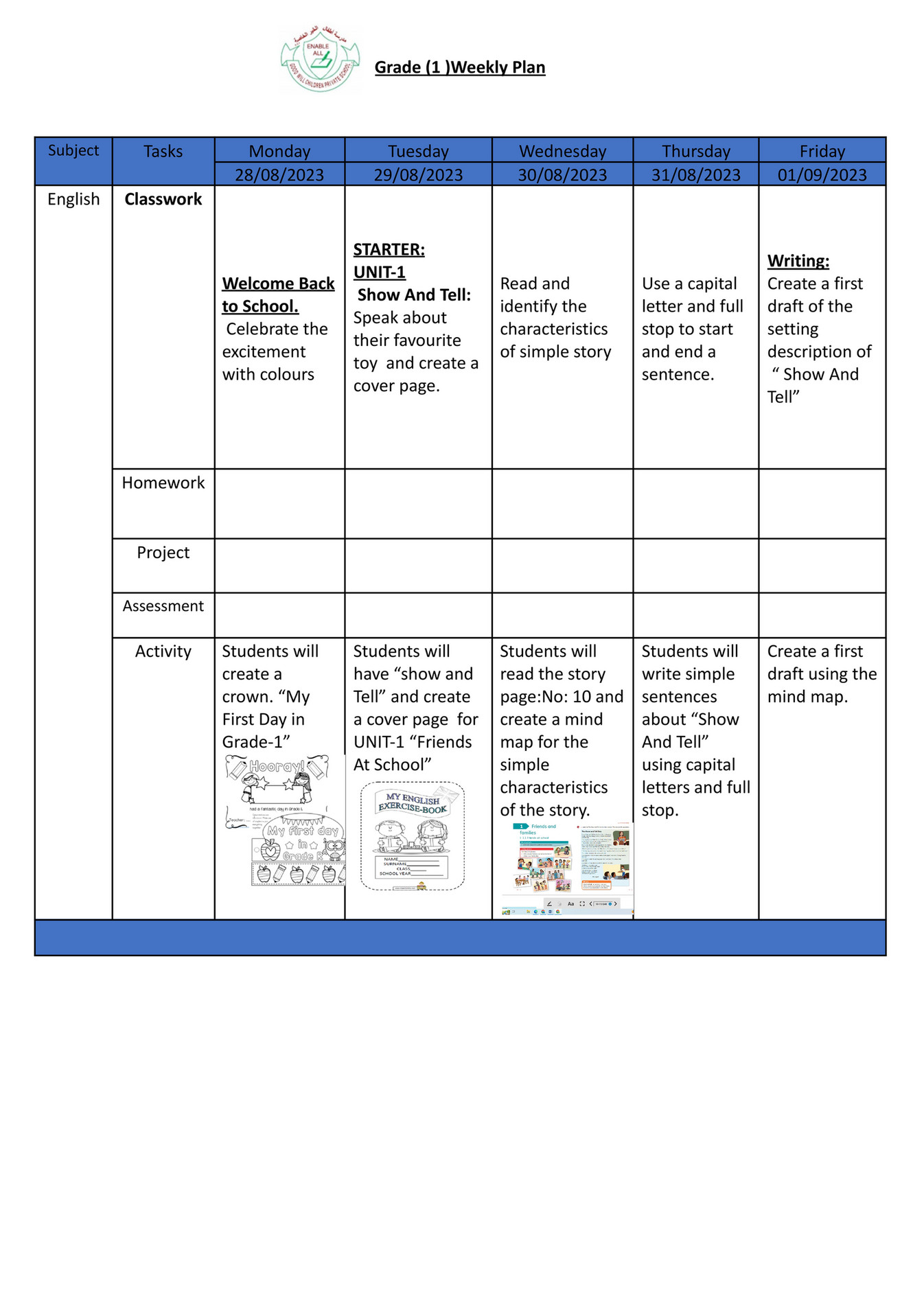 Good Will Children School - GR-1 -Weekly Plan-Term-1-Week-1 - Page 1 ...