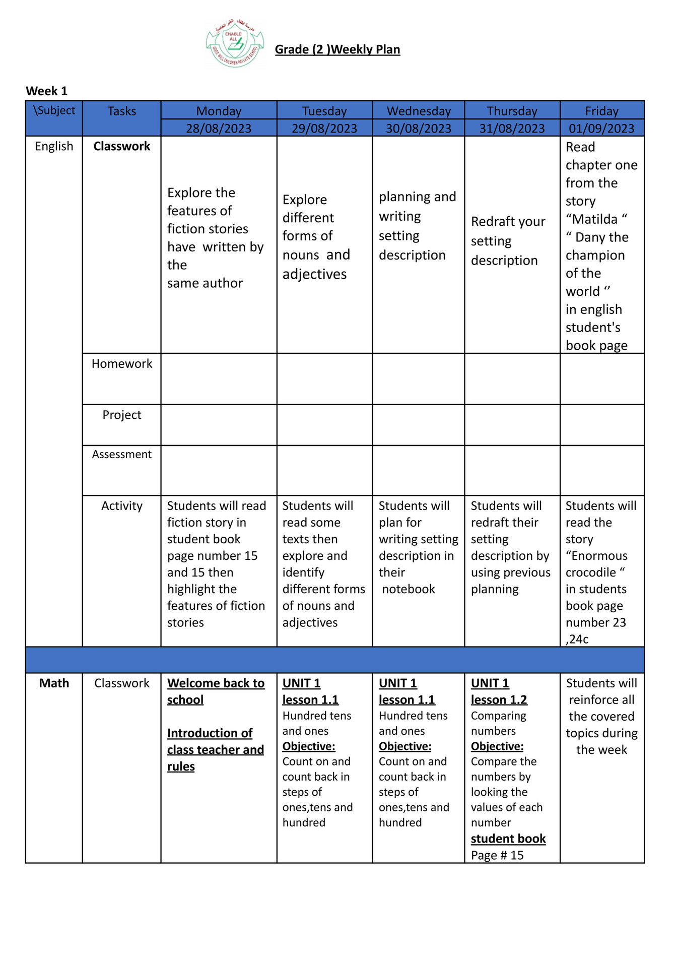 Good Will Children School - GR-2 -Weekly Plan-Term-1-Week-1 - Page 1 ...