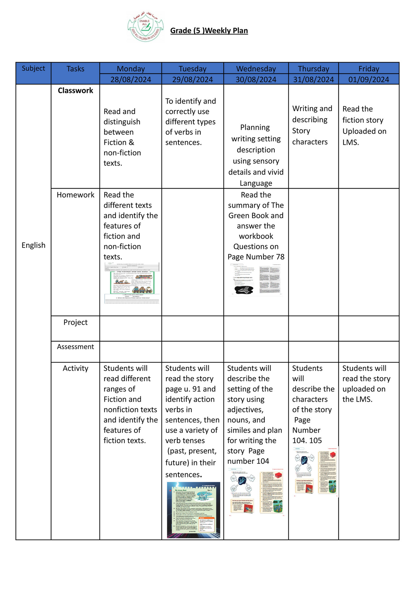 Good Will Children School - GR-5 -Weekly Plan-Term-1-Week-1 - Page 1 ...