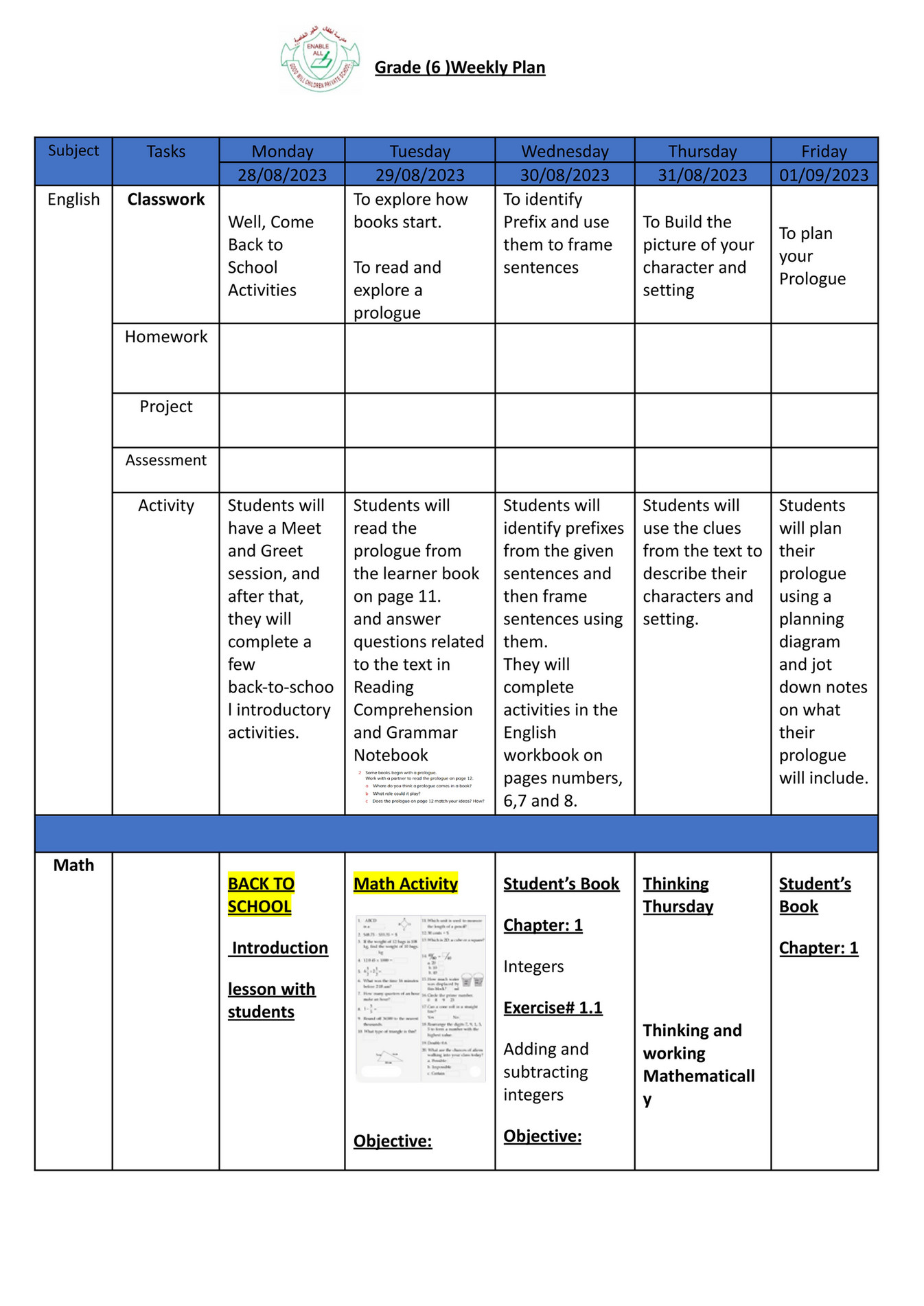 Good Will Children School - GR-6 -Weekly Plan-Term-1-Week-1 - Page 1 ...