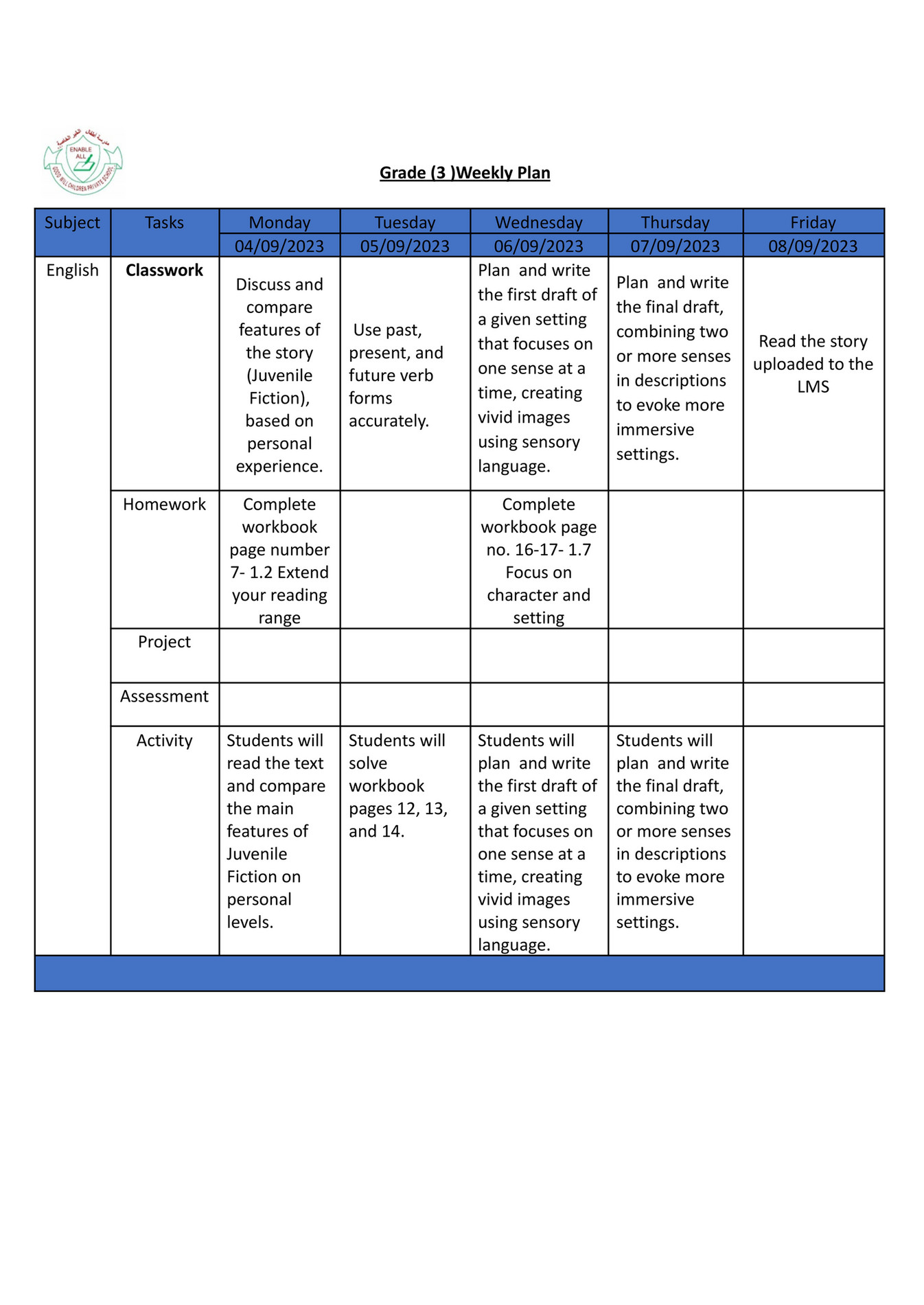 Good Will Children School - GR-3 -Weekly Plan-Term-1-Week-2 - Page 4-5 ...