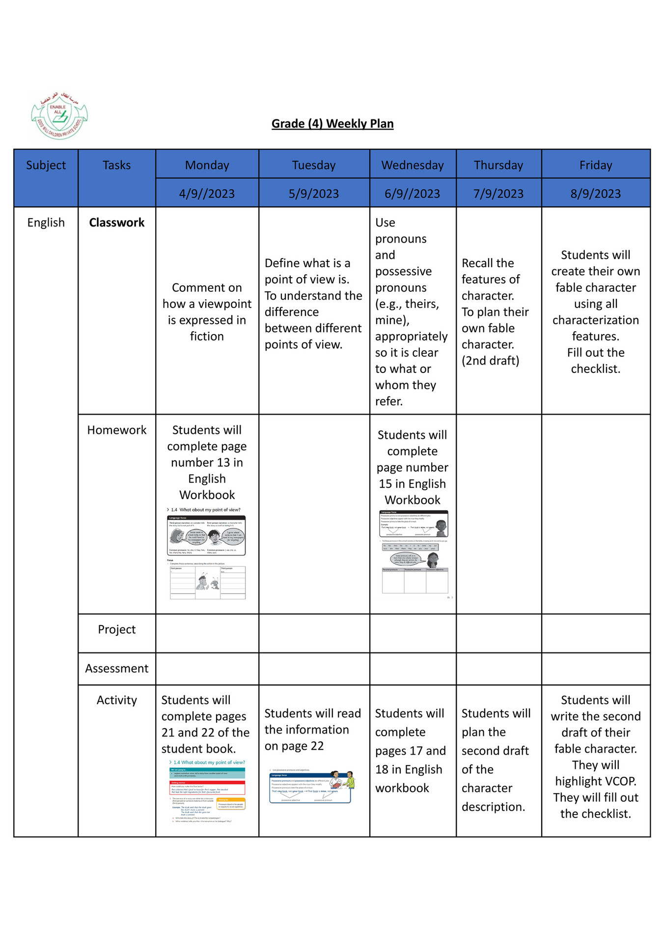 Good Will Children School - GR-4 -Weekly Plan-Term-1-Week-2 - Page 1 ...