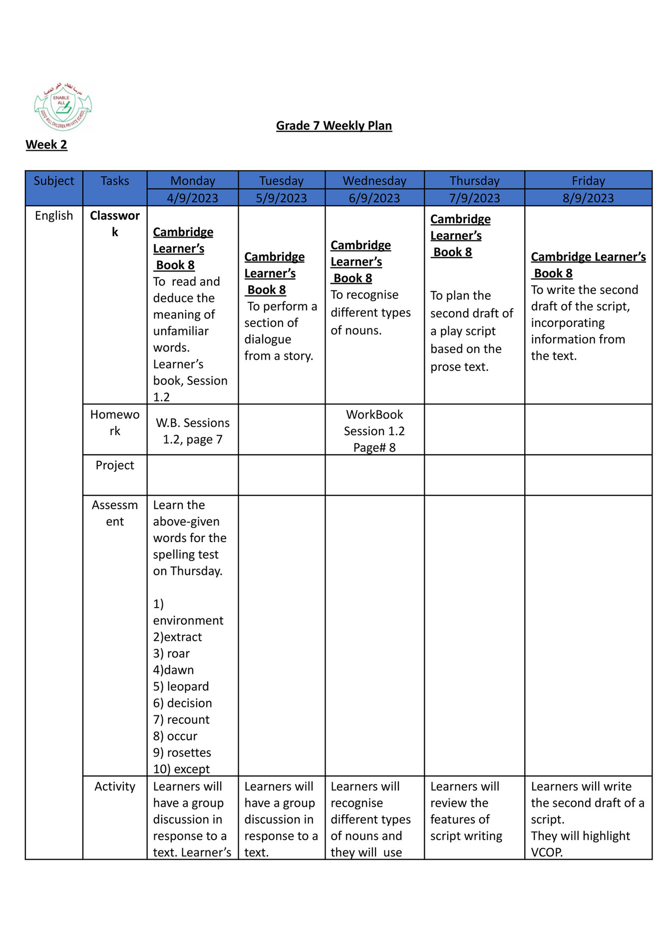 Good Will Children School - GR-7 -Weekly Plan-Term-1-Week-2 - Page 4-5 ...