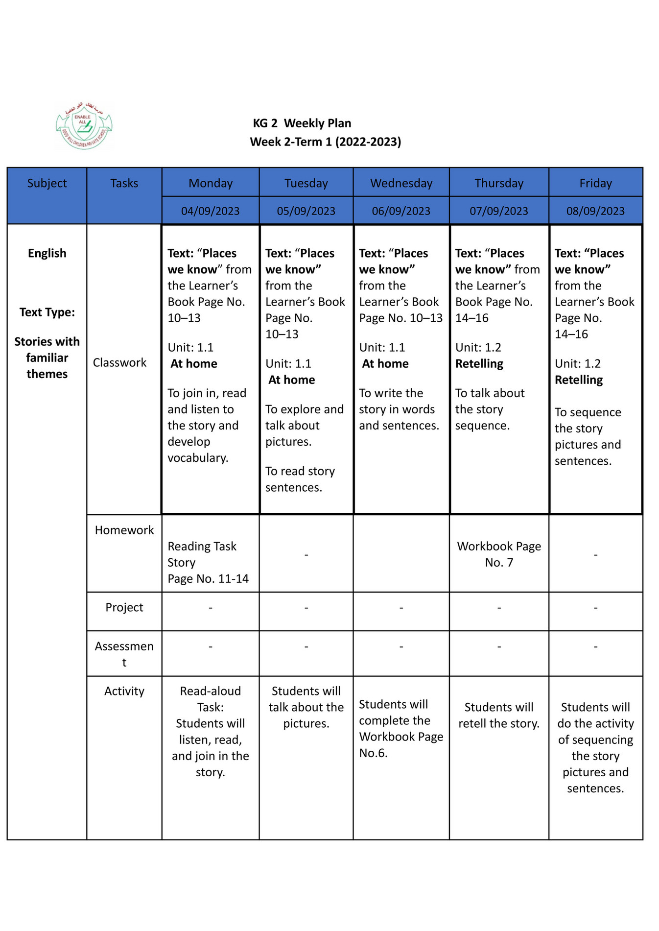 Good Will Children School - KG-2 -Weekly Plan-Term-1-Week-2 - Page 1 ...