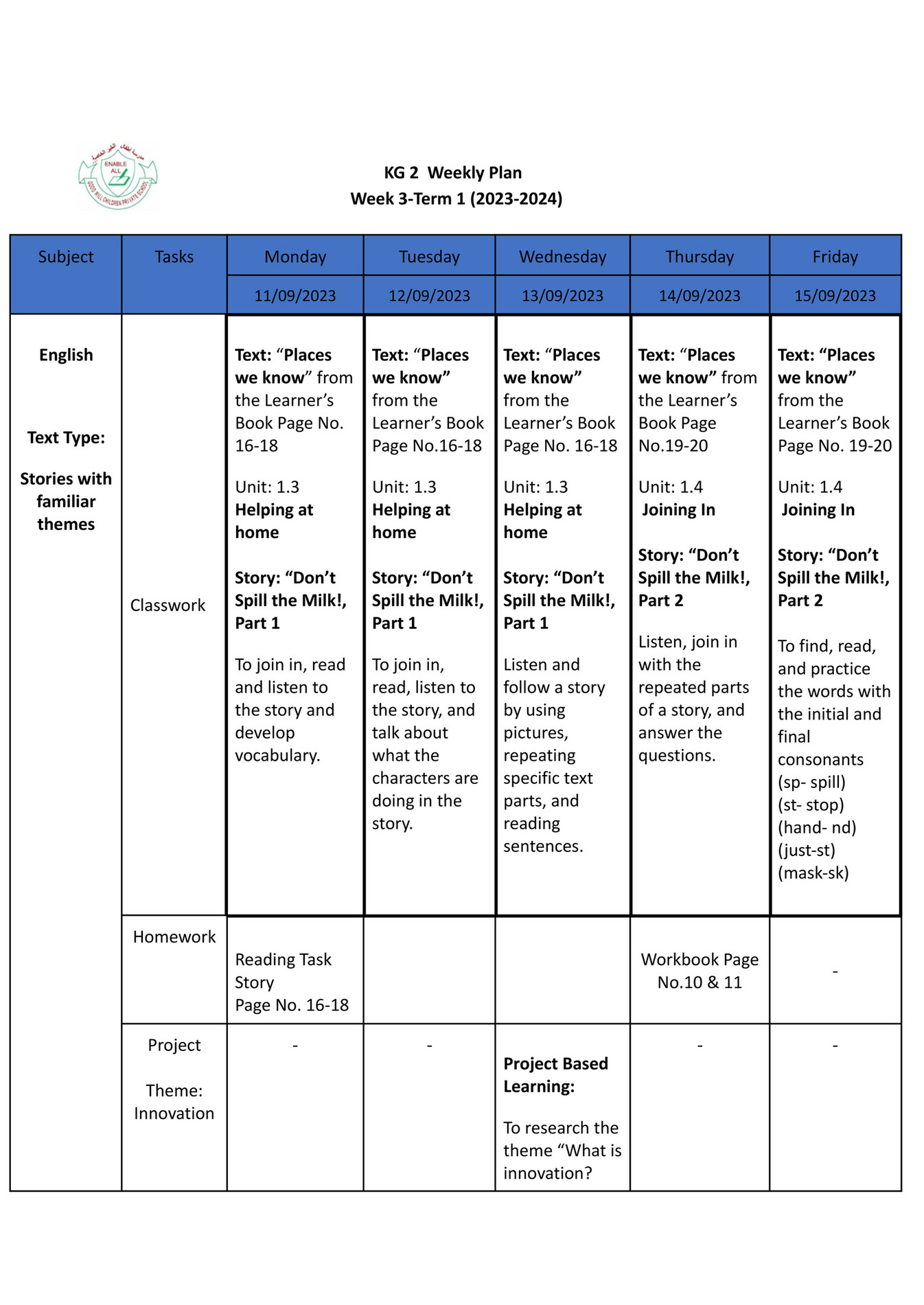Good Will Children School - KG-2 -Weekly Plan-Term-1-Week-3 - Page 1 ...