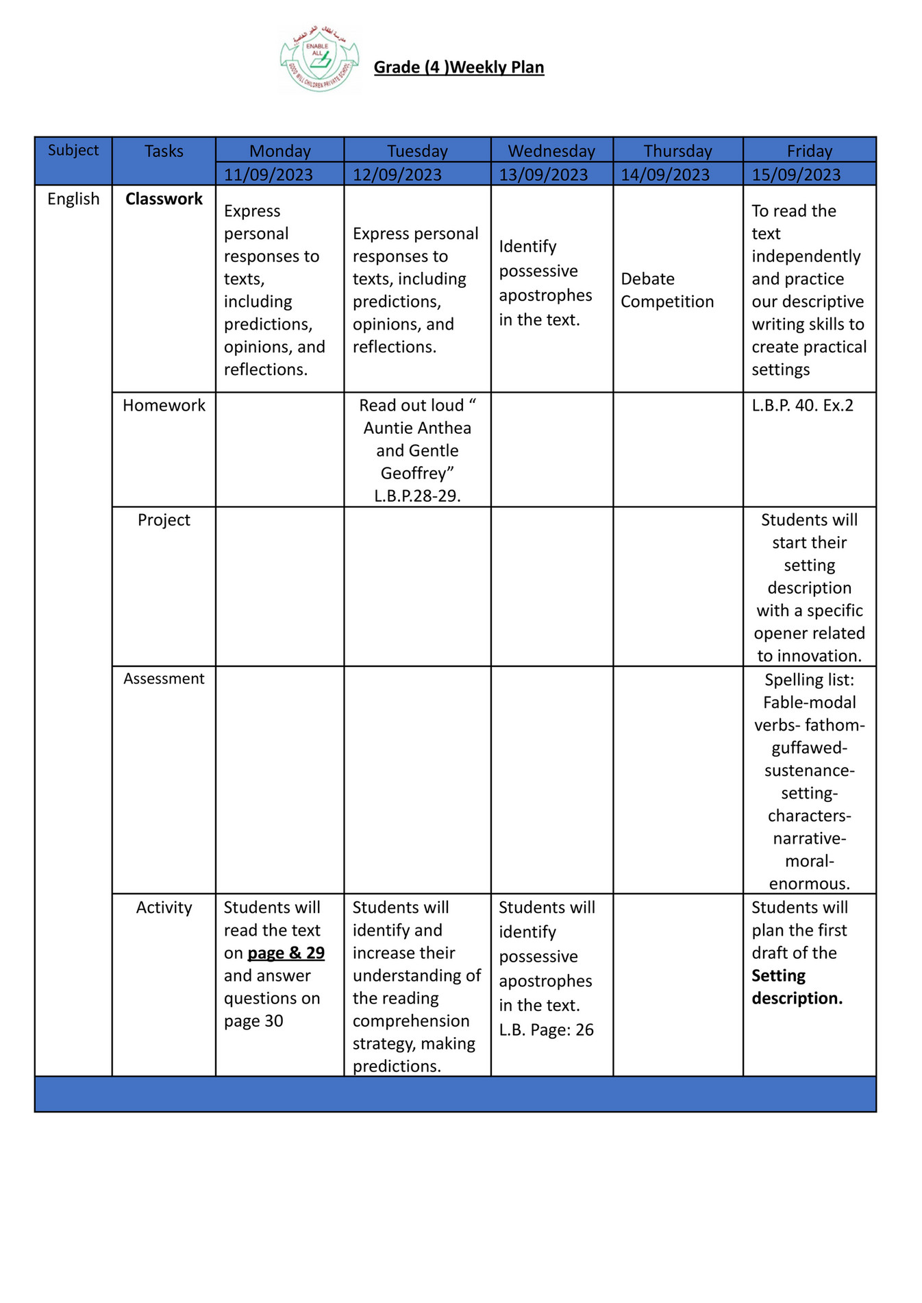 Good Will Children School - GR-4 -Weekly Plan-Term-1-Week-3 - Page 1 ...