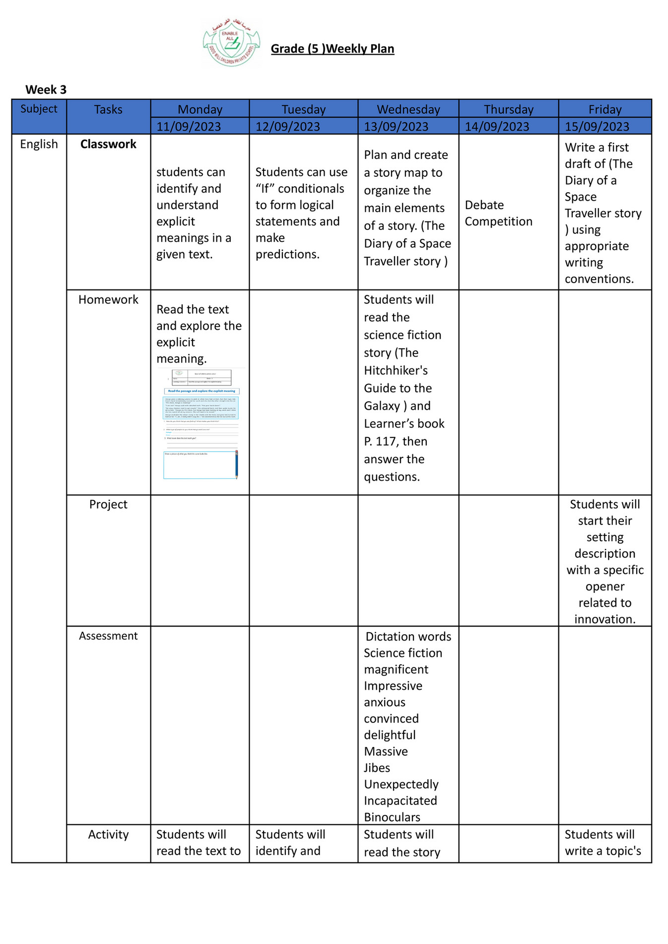 Good Will Children School - GR-5 -Weekly Plan-Term-1-Week-3 - Page 1 ...