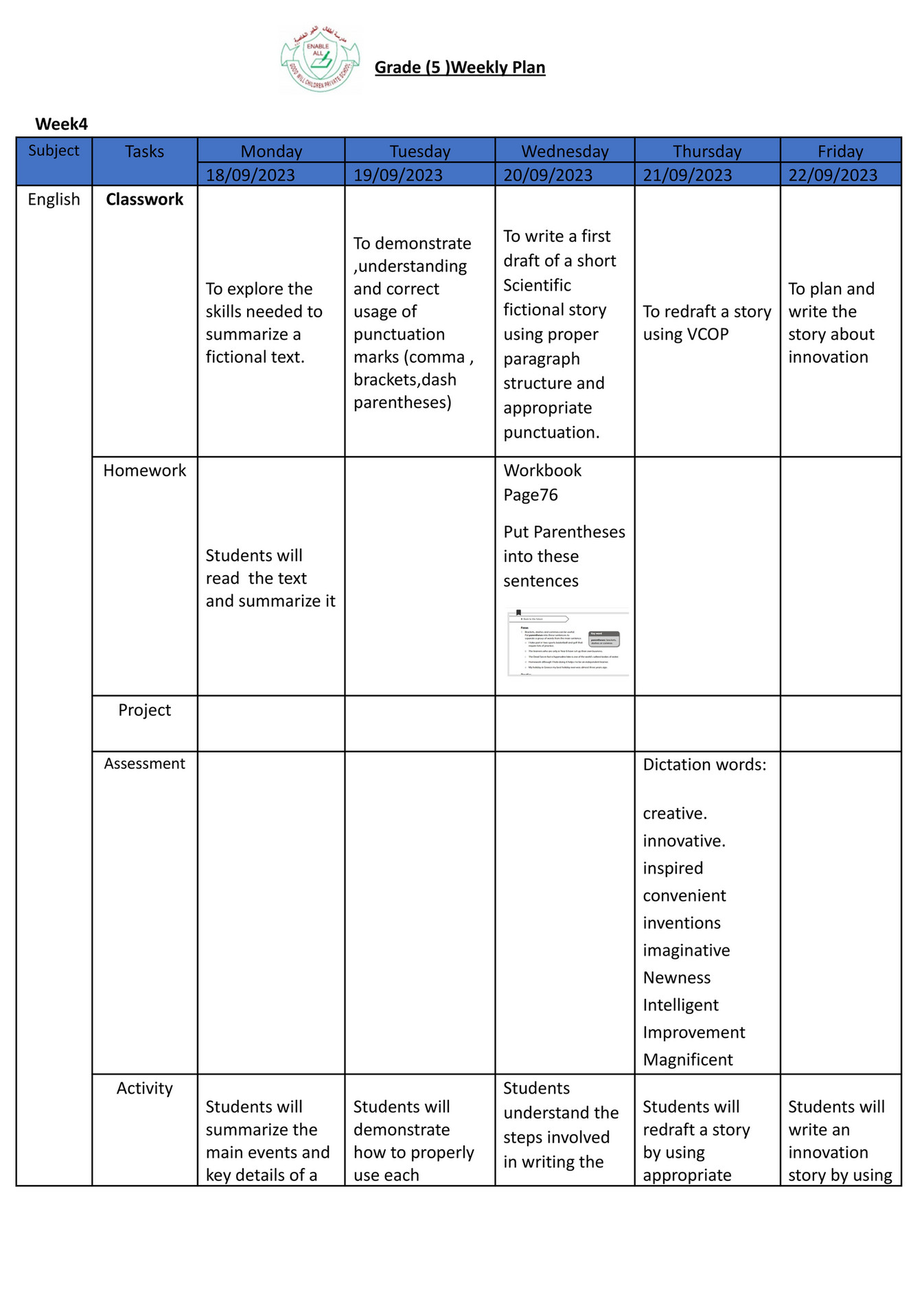 Good Will Children School - GR-5 -Weekly Plan-Term-1-Week-4 - Page 1 ...