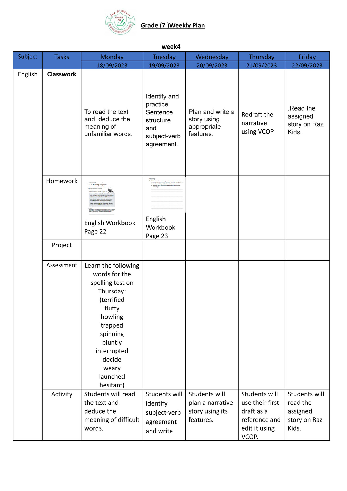 Good Will Children School - GR-7 -Weekly Plan-Term-1-Week-4 - Page 4-5 ...