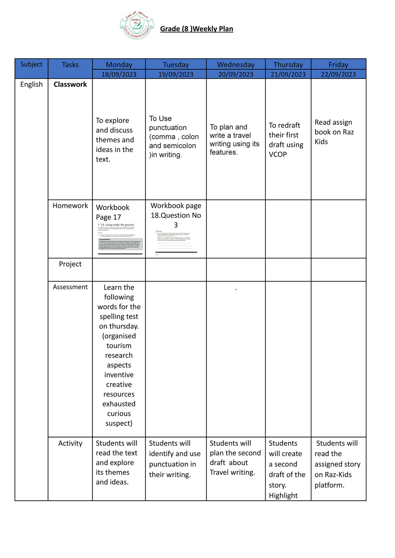 Good Will Children School - GR-8 -Weekly Plan-Term-1-Week-4 - Page 2-3 ...
