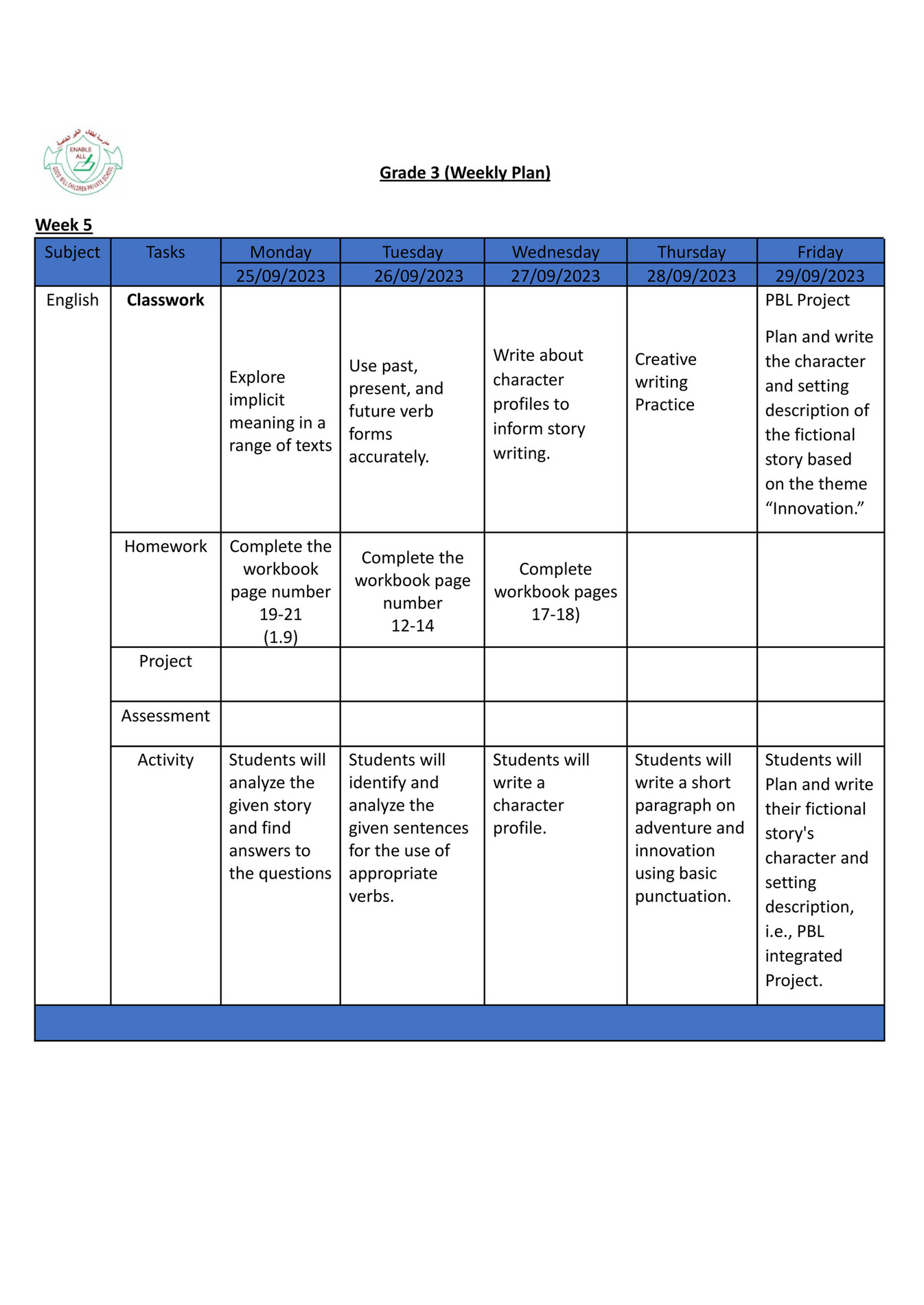 Good Will Children School - GR-3 -Weekly Plan-Term-1-Week-5 - Page 4-5 ...