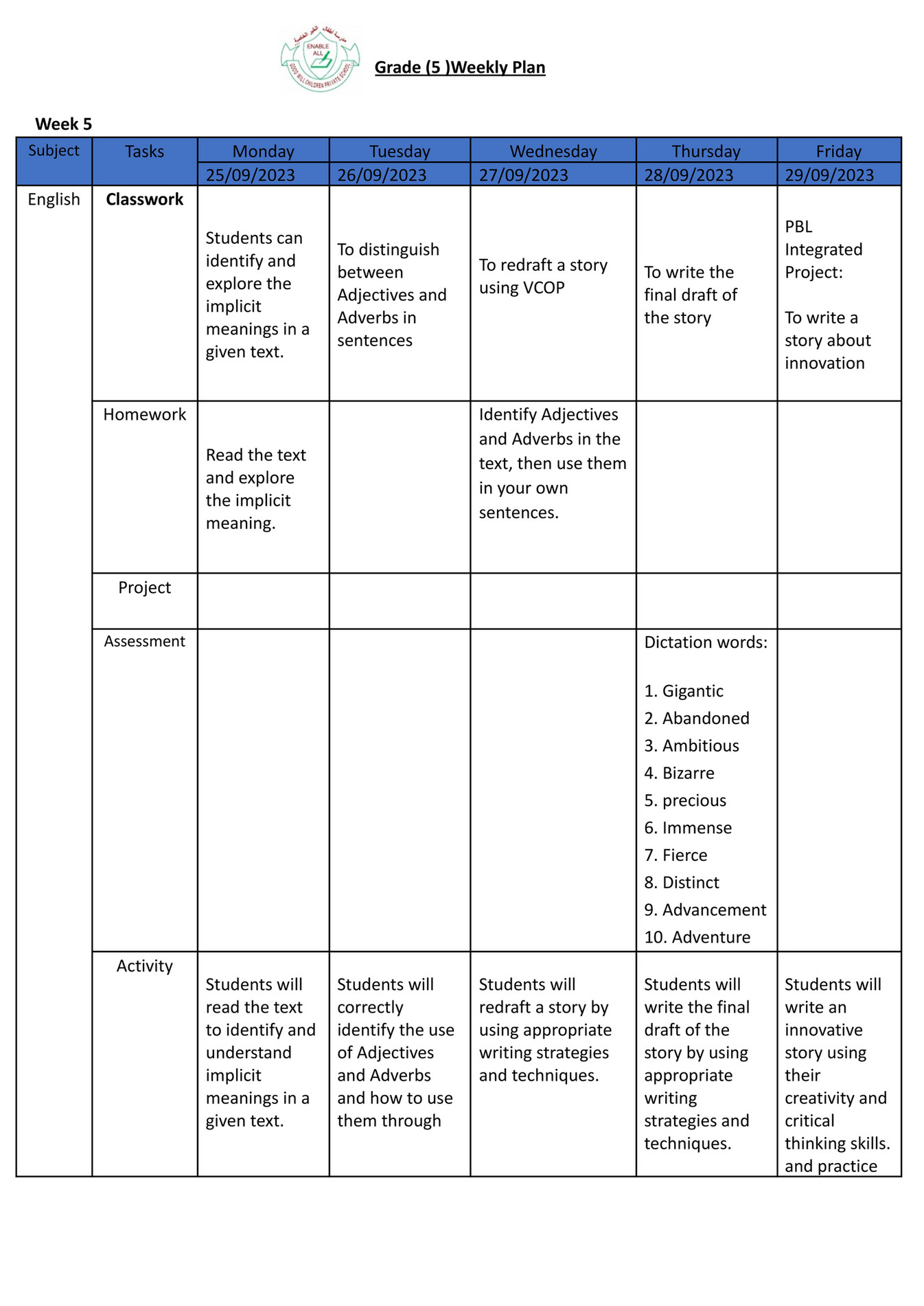 Good Will Children School - GR-5 -Weekly Plan-Term-1-Week-5 - Page 1 ...