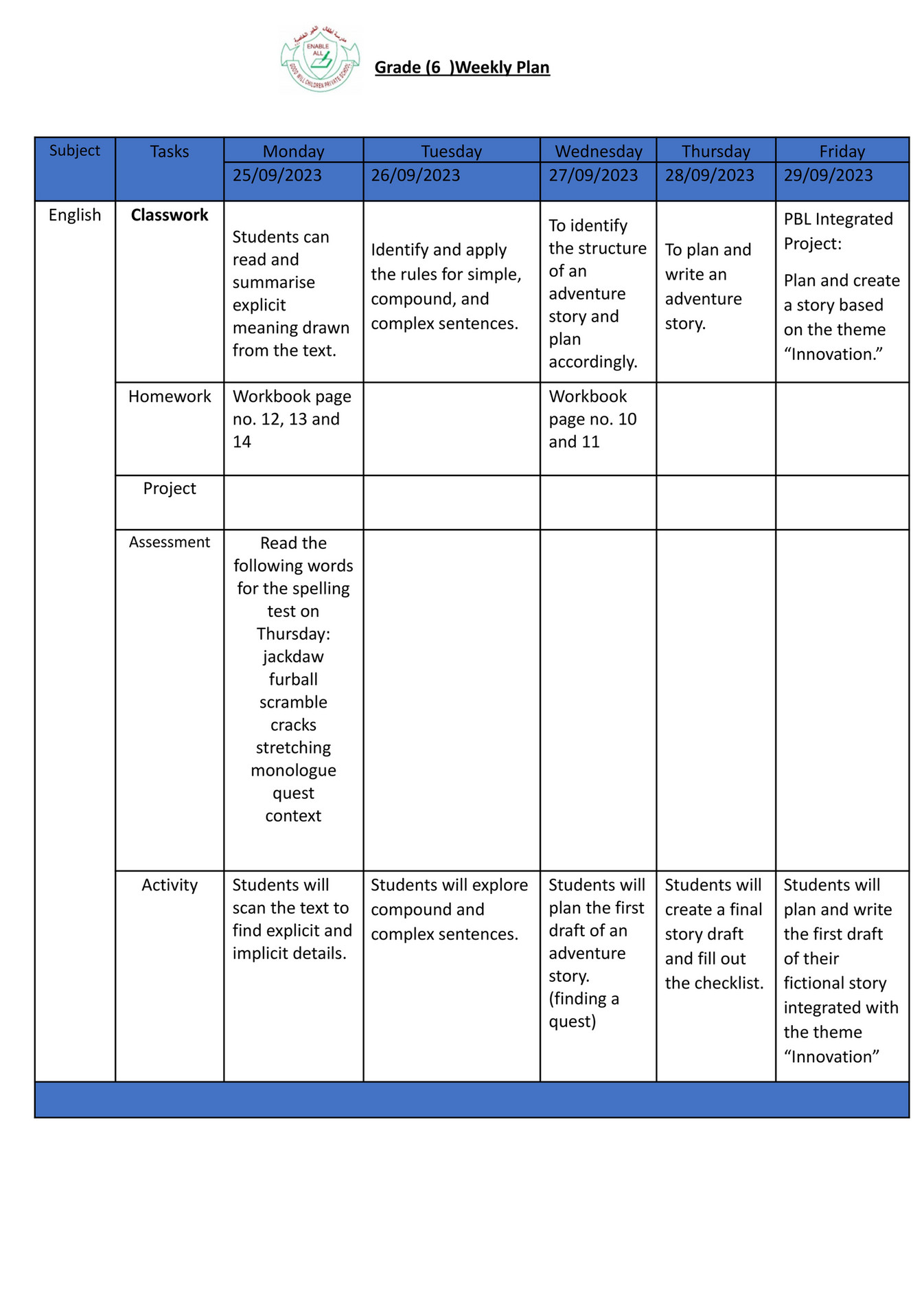 Good Will Children School - GR-6 -Weekly Plan-Term-1-Week-5 - Page 1 ...