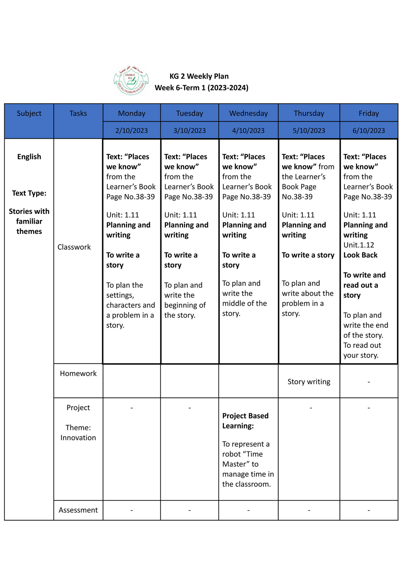 Good Will Children School - KG-2 -Weekly Plan-Term-1-Week-6 - Page 8-9 ...