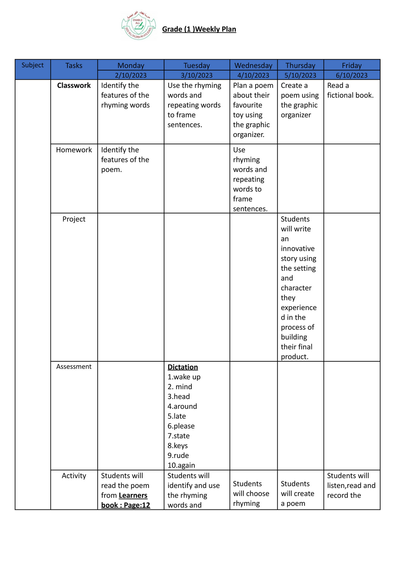 Good Will Children School - GR-1 -Weekly Plan-Term-1-Week-6 - Page 1 ...