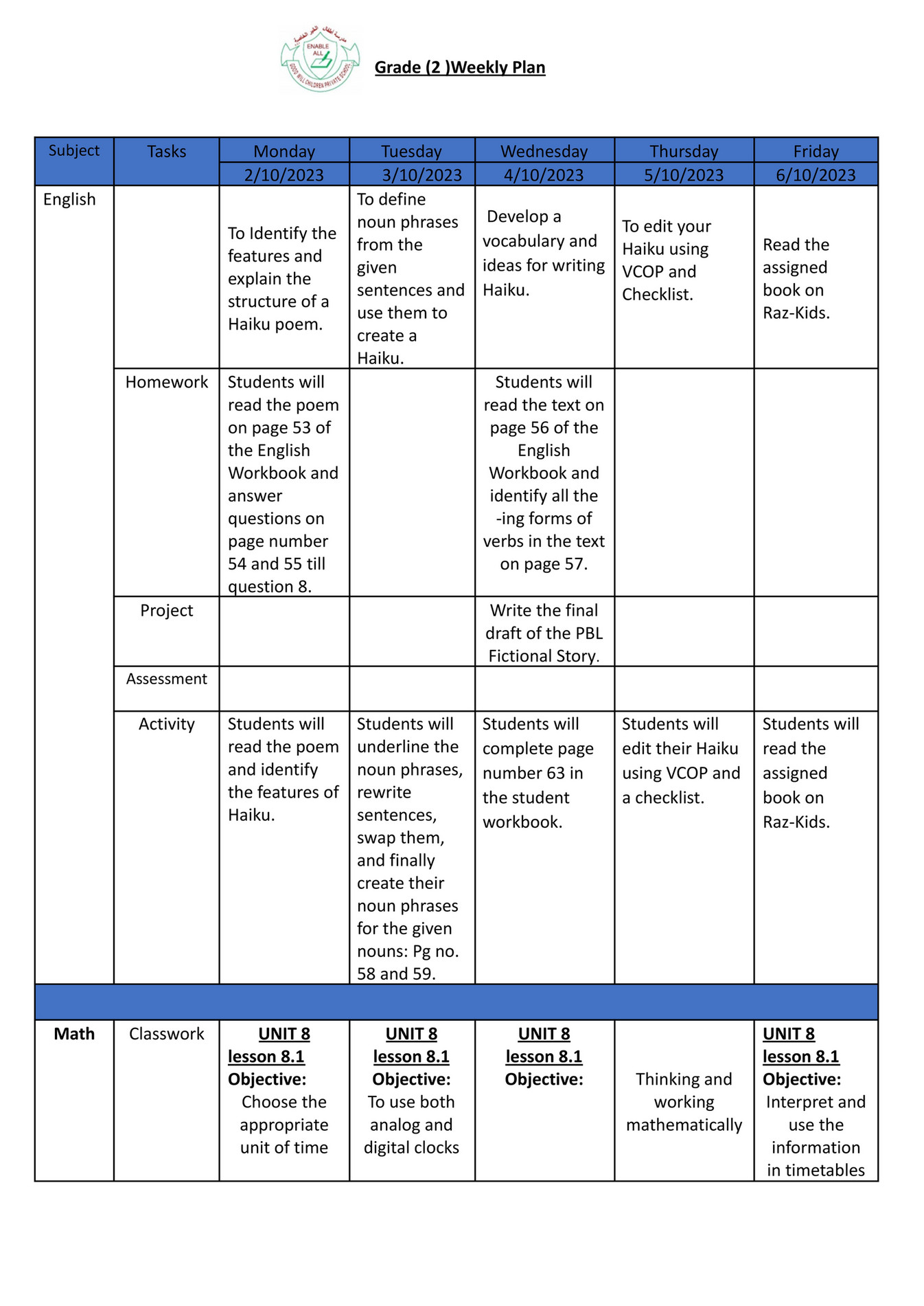 Good Will Children School - GR-2 -Weekly Plan-Term-1-Week-6 - Page 1 ...