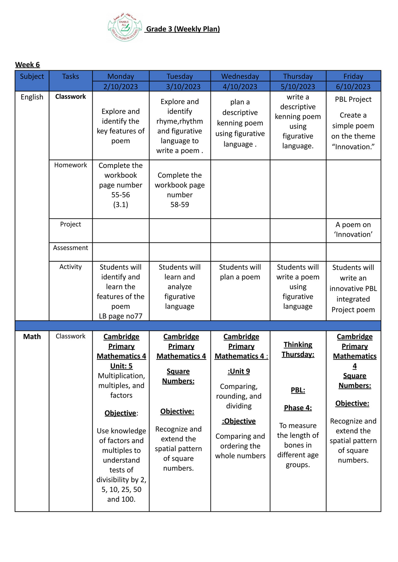 Good Will Children School - GR-3 -Weekly Plan-Term-1-Week-6 - Page 1 ...