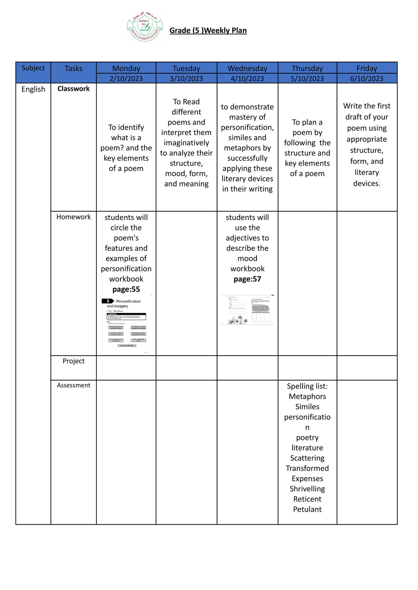 Good Will Children School - GR-5 -Weekly Plan-Term-1-Week-6 - Page 2-3 ...