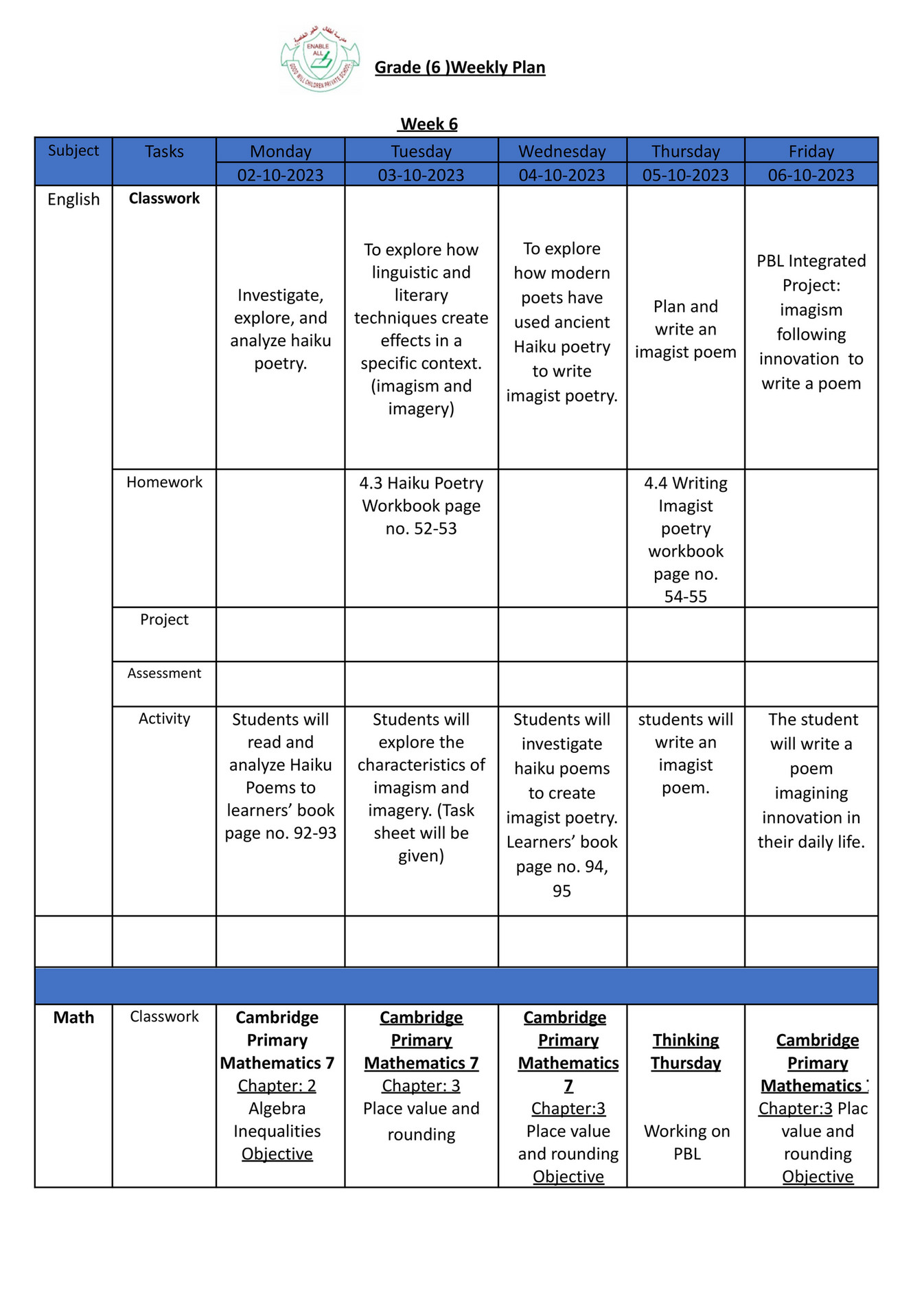 Good Will Children School - GR-6 -Weekly Plan-Term-1-Week-6 - Page 1 ...