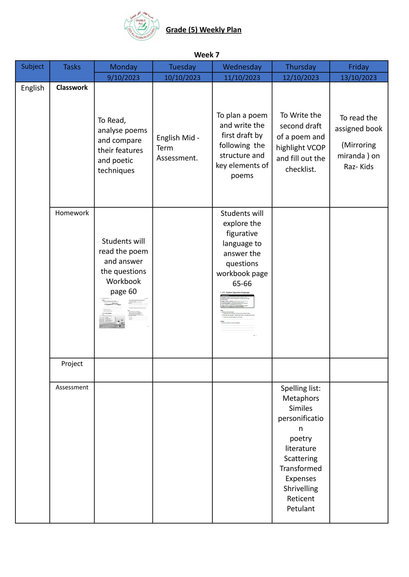 Good Will Children School - GR-5 -Weekly Plan-Term-1-Week-7 - Page 1 ...
