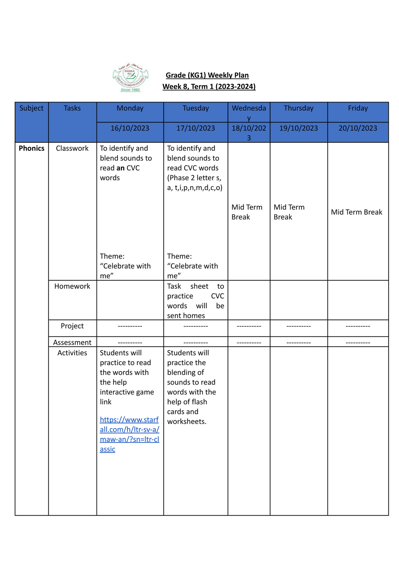 Good Will Children School - KG-1 -Weekly Plan-Term-1-Week-8 - Page 4 ...