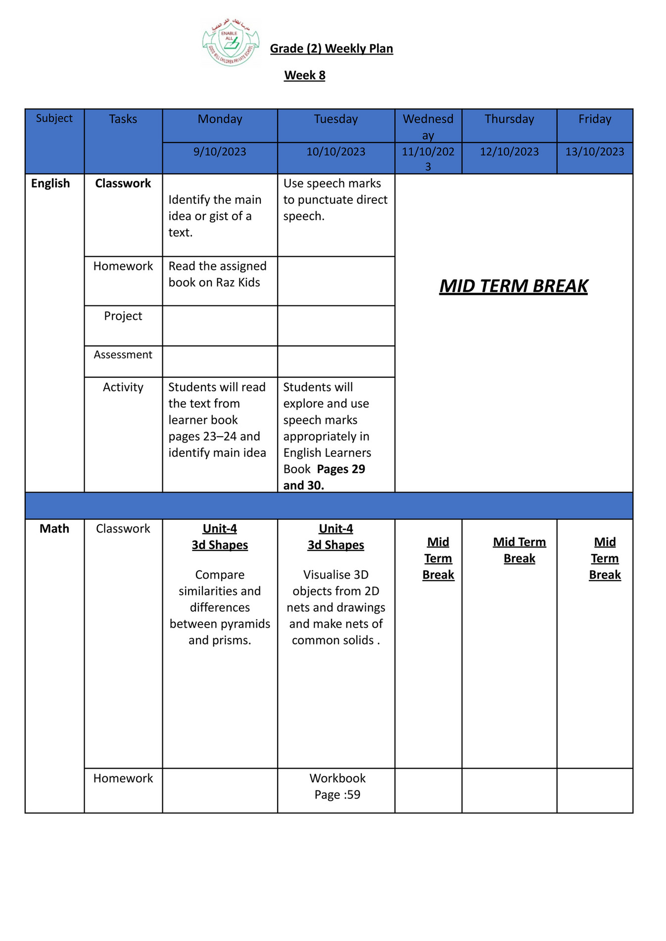 Good Will Children School - GR-2 -Weekly Plan-Term-1-Week-8 - Page 4-5 ...