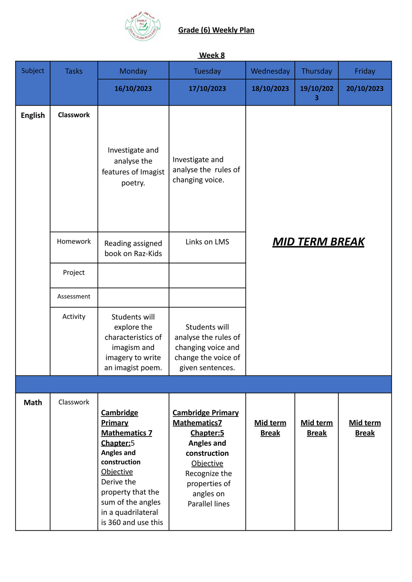 Good Will Children School - GR-6 -Weekly Plan-Term-1-Week-8 - Page 1 ...