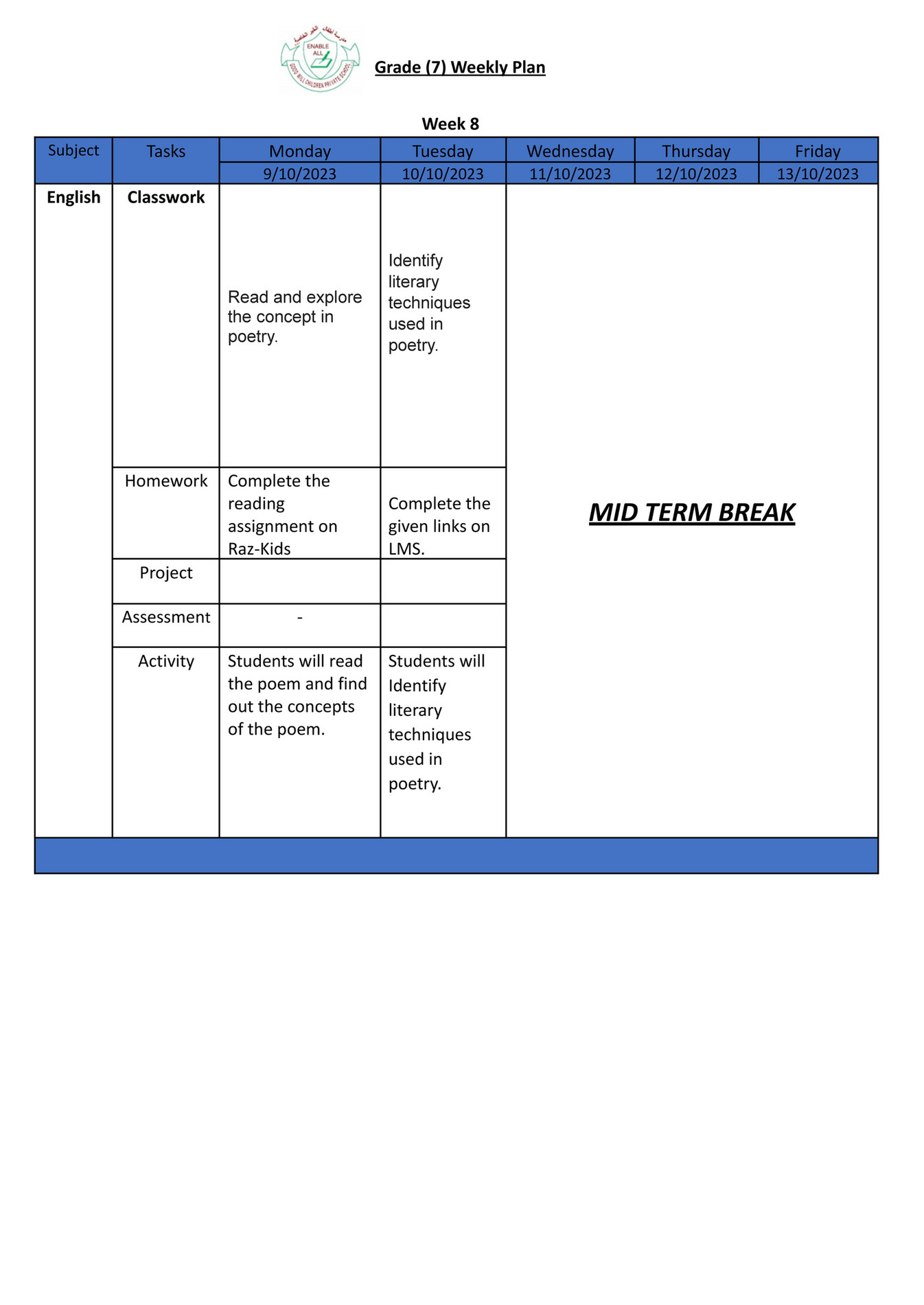 Good Will Children School - GR-7 -Weekly Plan-Term-1-Week-8 - Page 1 ...