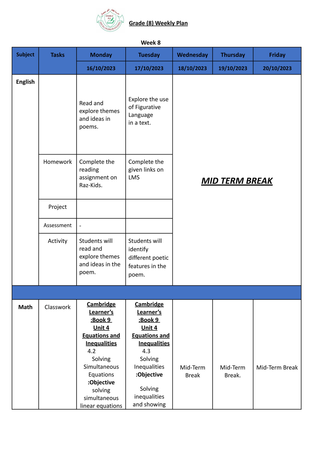 Good Will Children School - GR-8 -Weekly Plan-Term-1-Week-8 - Page 1 ...