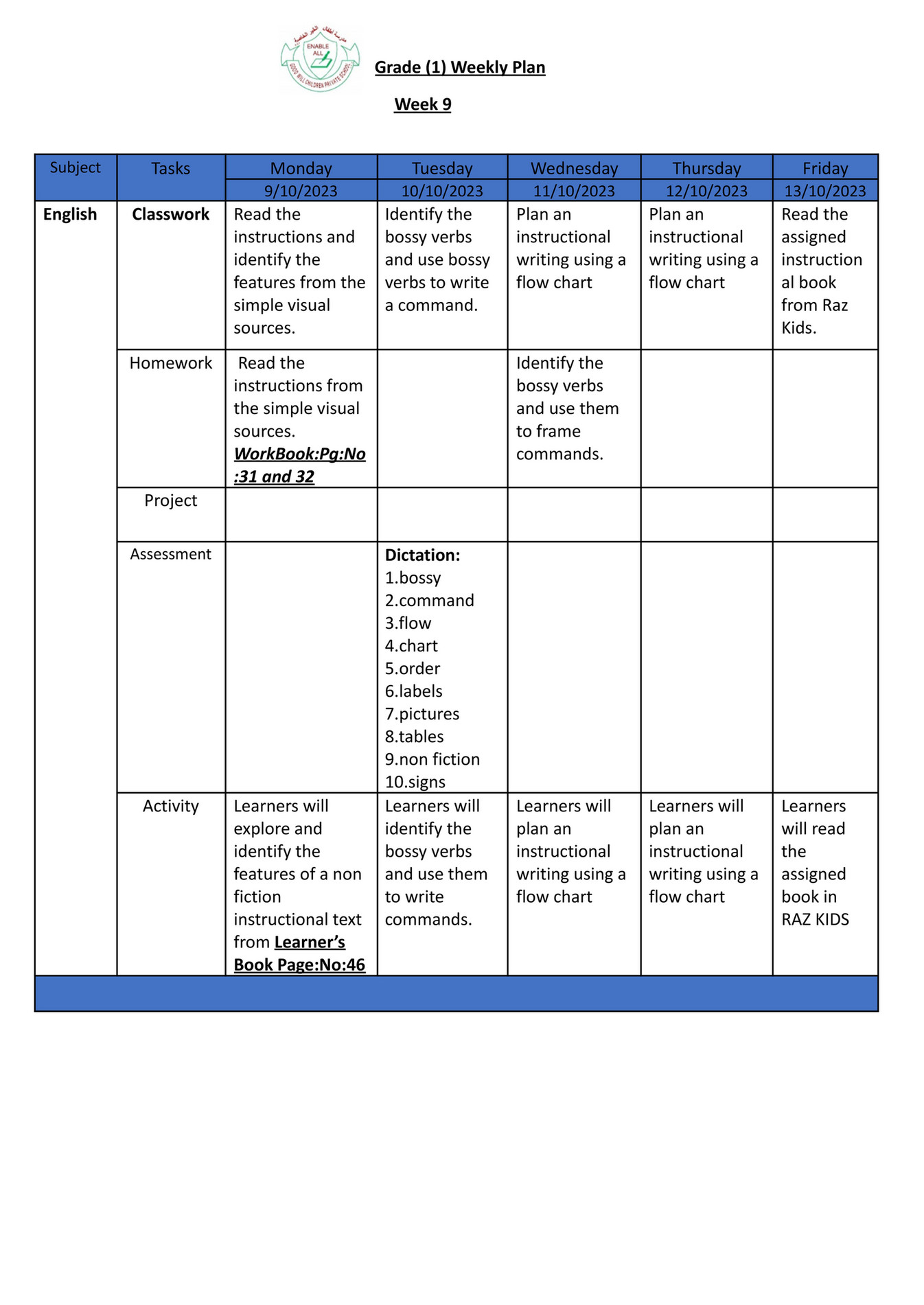 Good Will Children School - GR-1 -Weekly Plan-Term-1-Week-9 - Page 6-7 ...