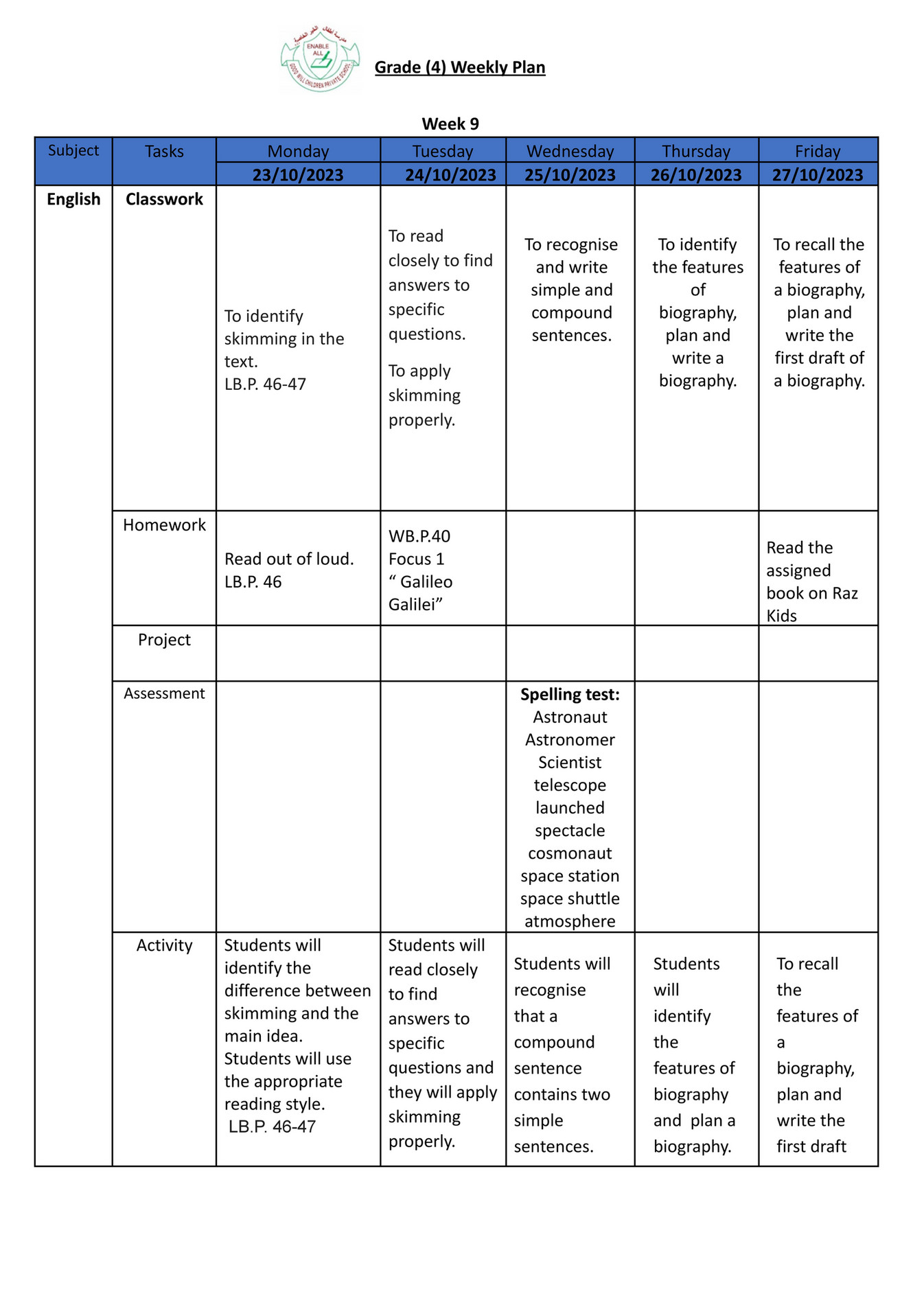 Good Will Children School - GR-4 -Weekly Plan-Term-1-Week-9 - Page 6-7 ...