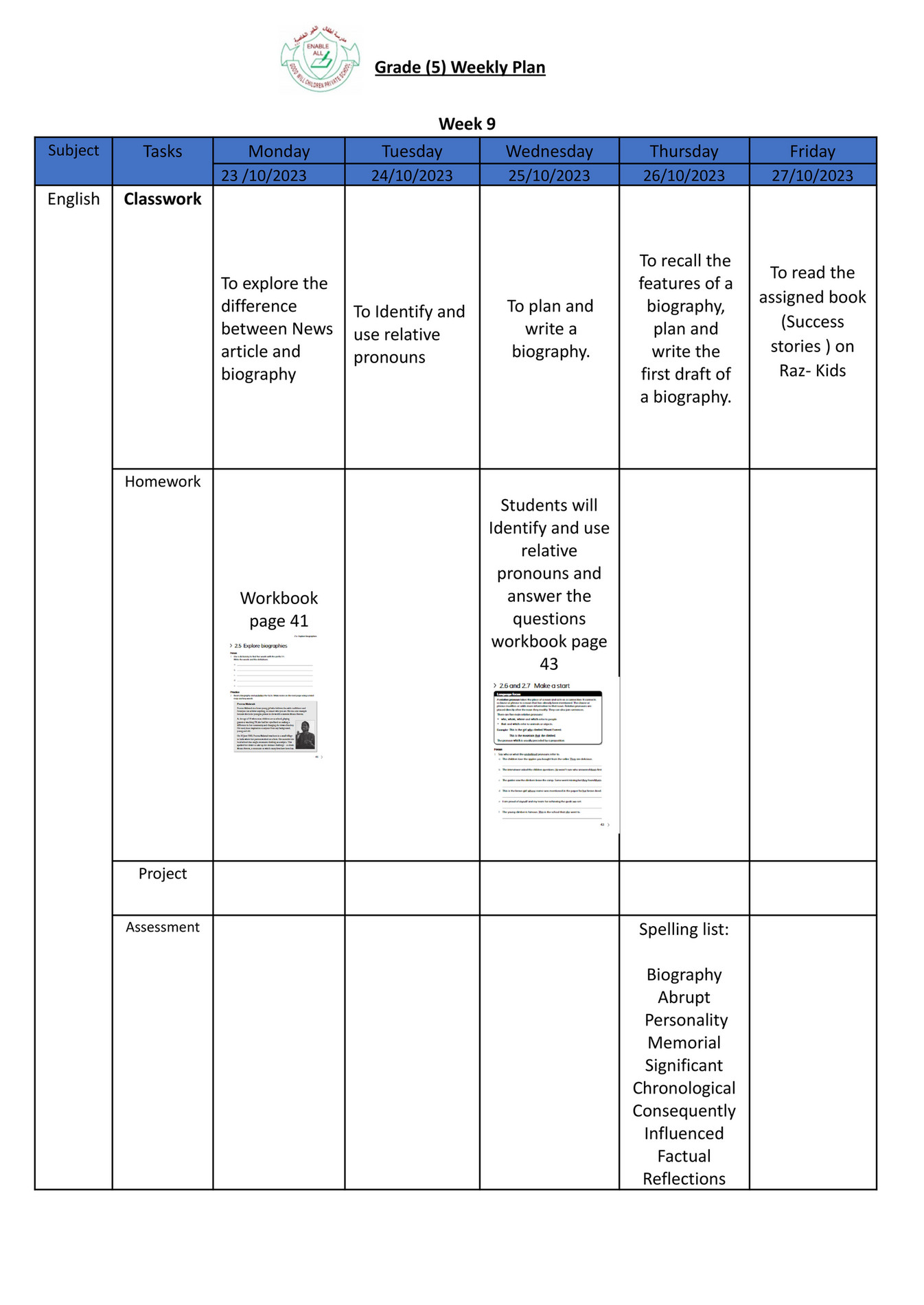 Good Will Children School - GR-5 -Weekly Plan-Term-1-Week-9 - Page 1 ...
