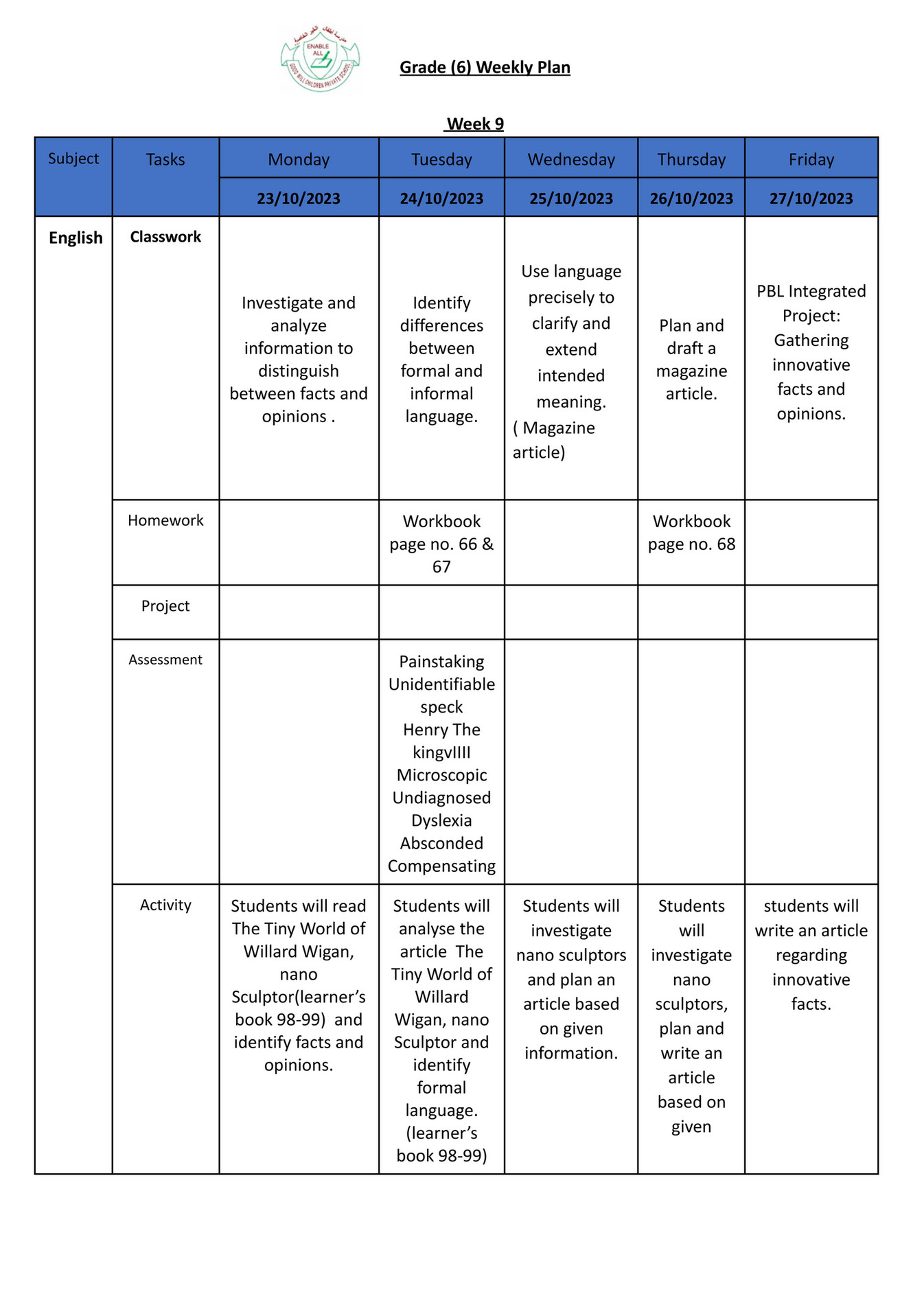 Good Will Children School - GR-6 -Weekly Plan-Term-1-Week-9 - Page 1 ...